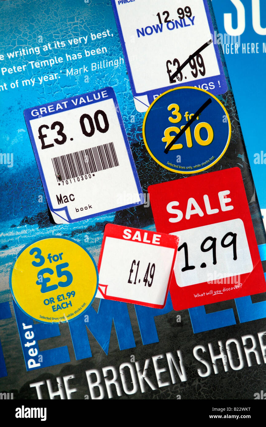 Book sale stickers advertising reduction in cost Stock Photo - Alamy
