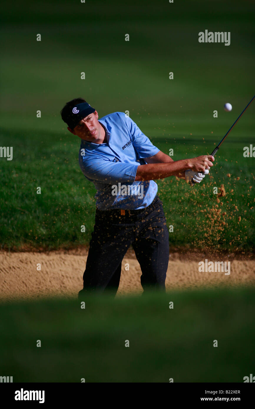 David Howell playing a bunker shot while competing at the PGA European ...