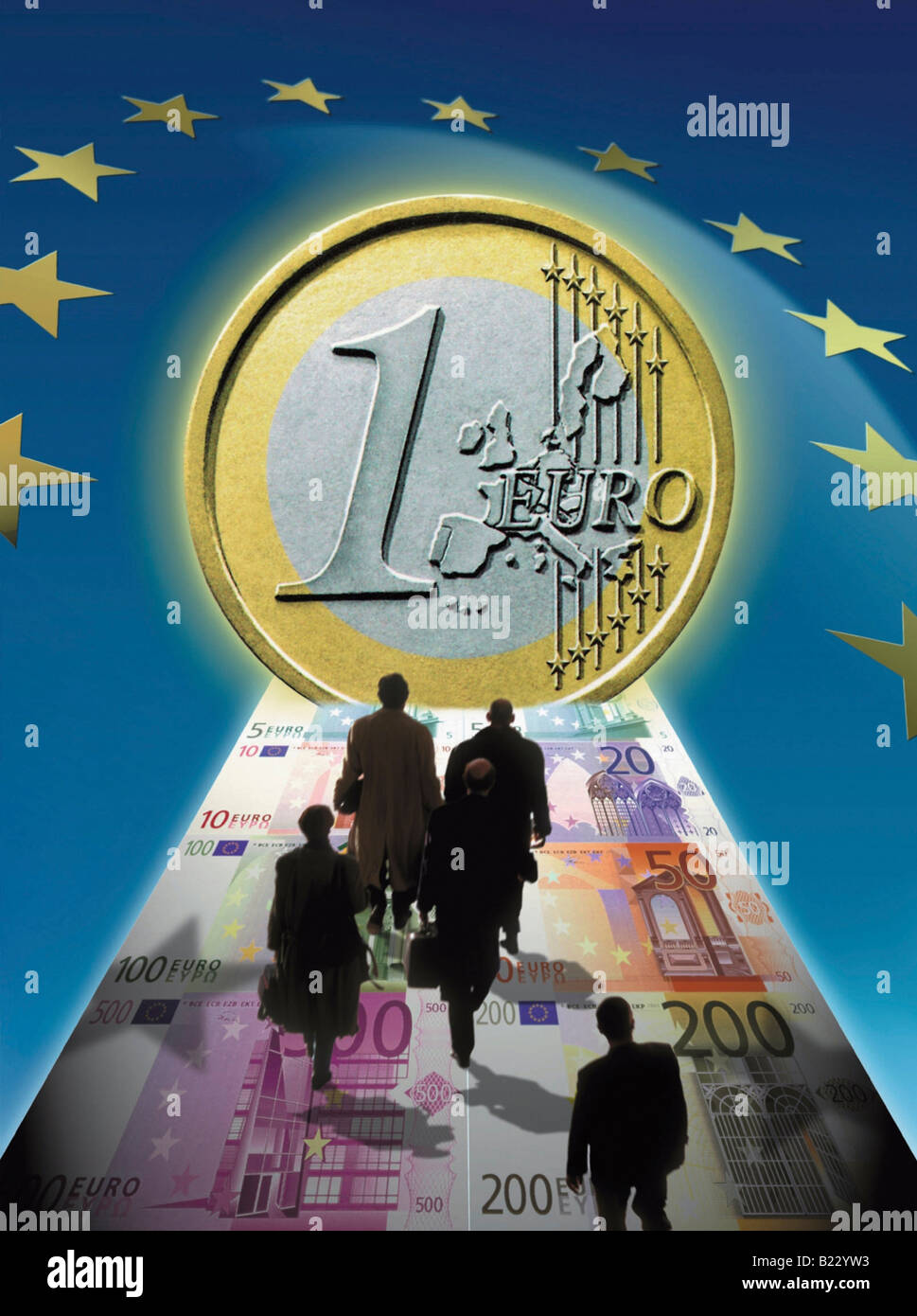 Rear view of businesspeople walking towards euro coin Stock Photo - Alamy