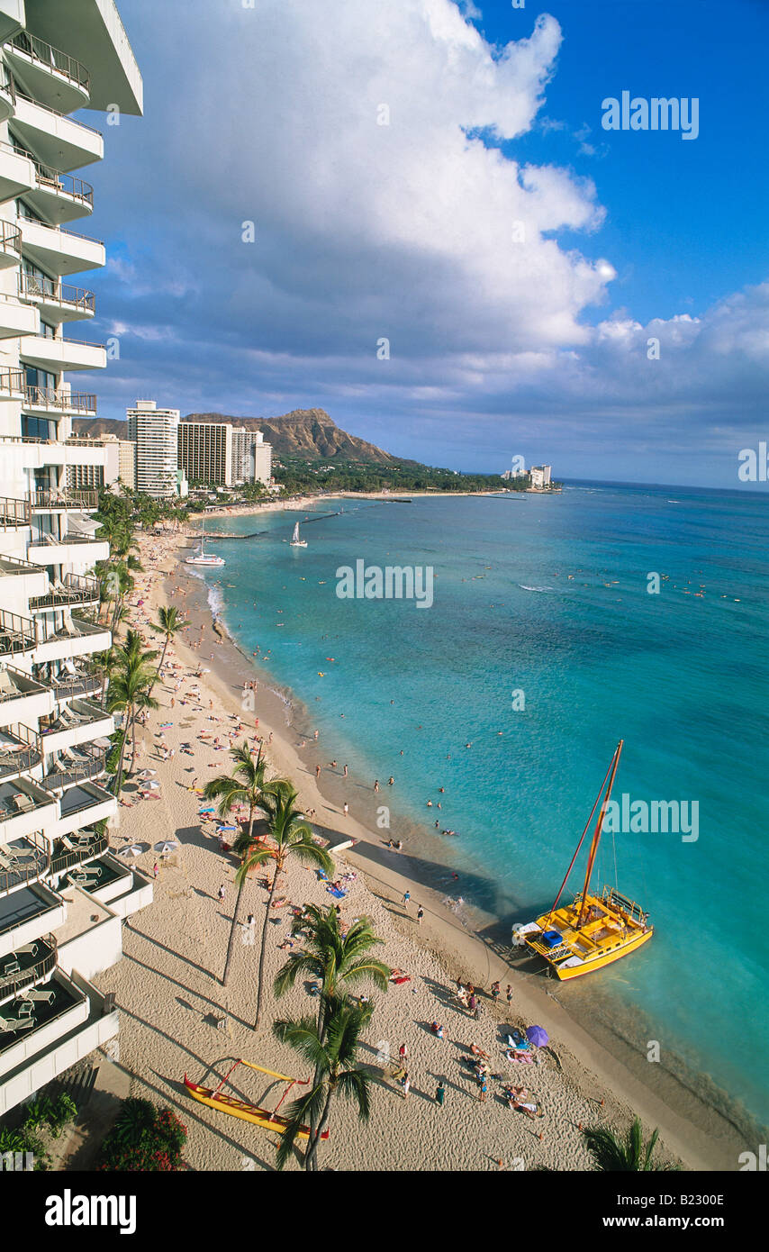 Buildings at waterfront, Waikiki Beach, Honolulu, Oahu, Hawaii, Usa ...