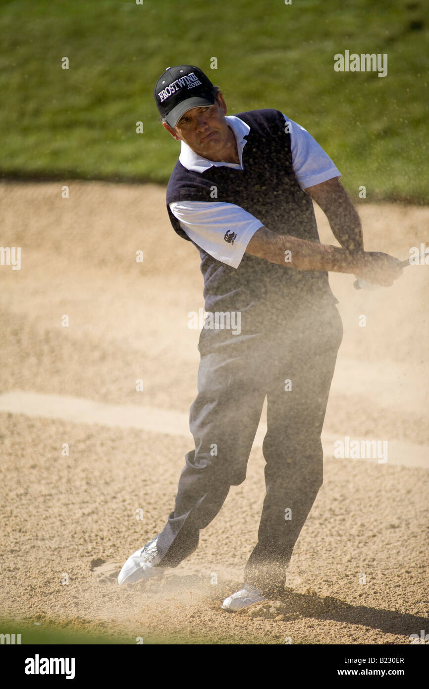 Golfer David Frost from South Africa plays a bunker shot during the PGA ...
