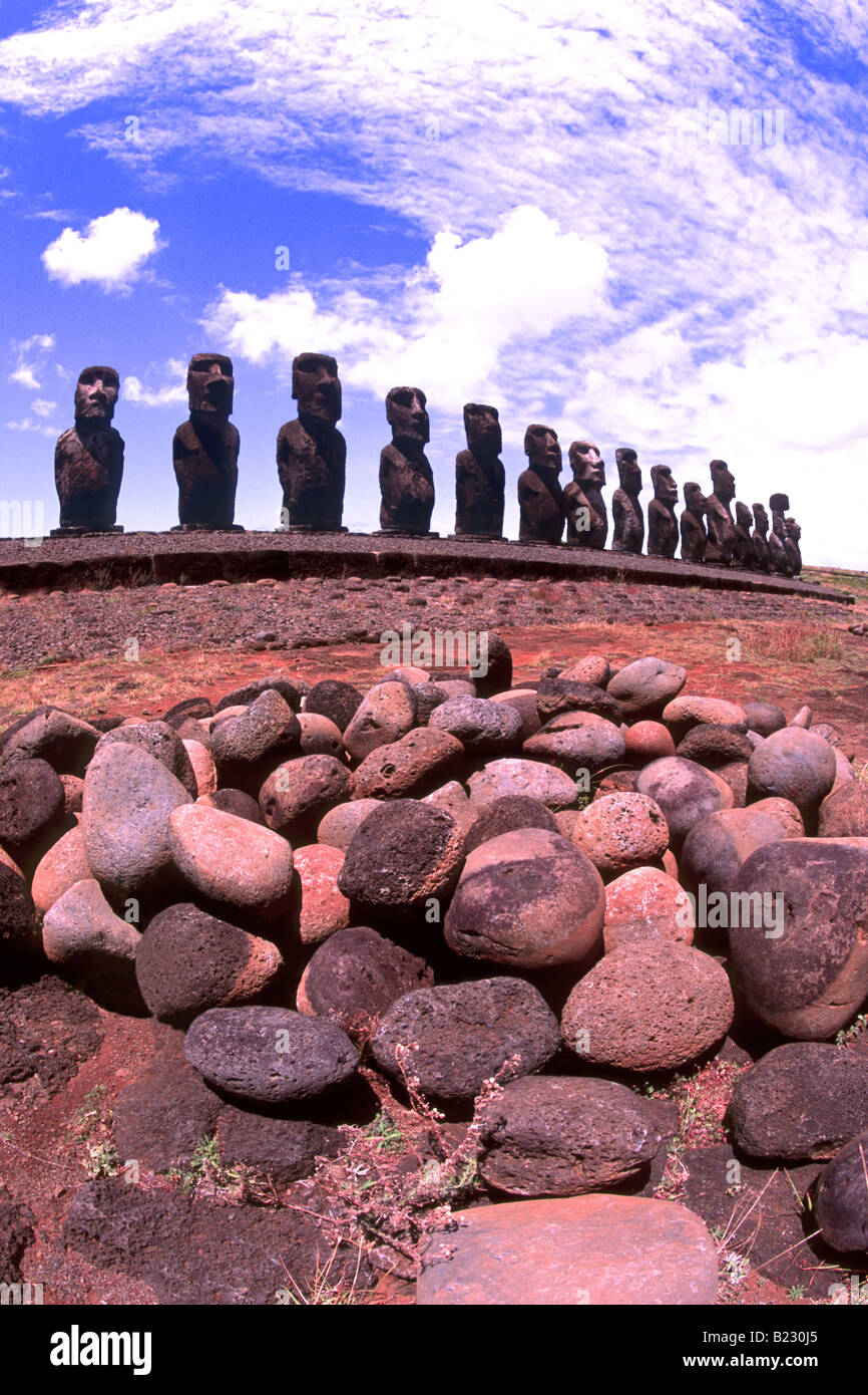 Stones with statues in field, Moai Statue, Easter Island, Chile Stock ...