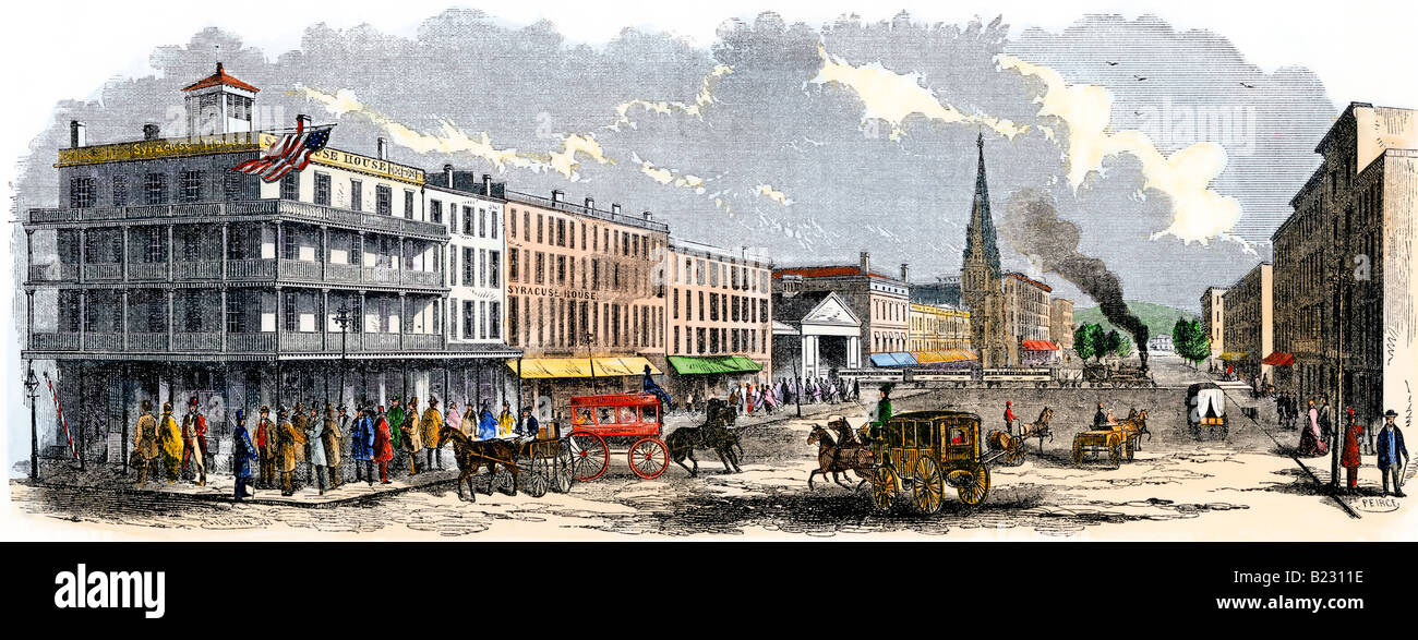 Busy Salina Street in downtown Syracuse New York 1850s. Hand-colored ...