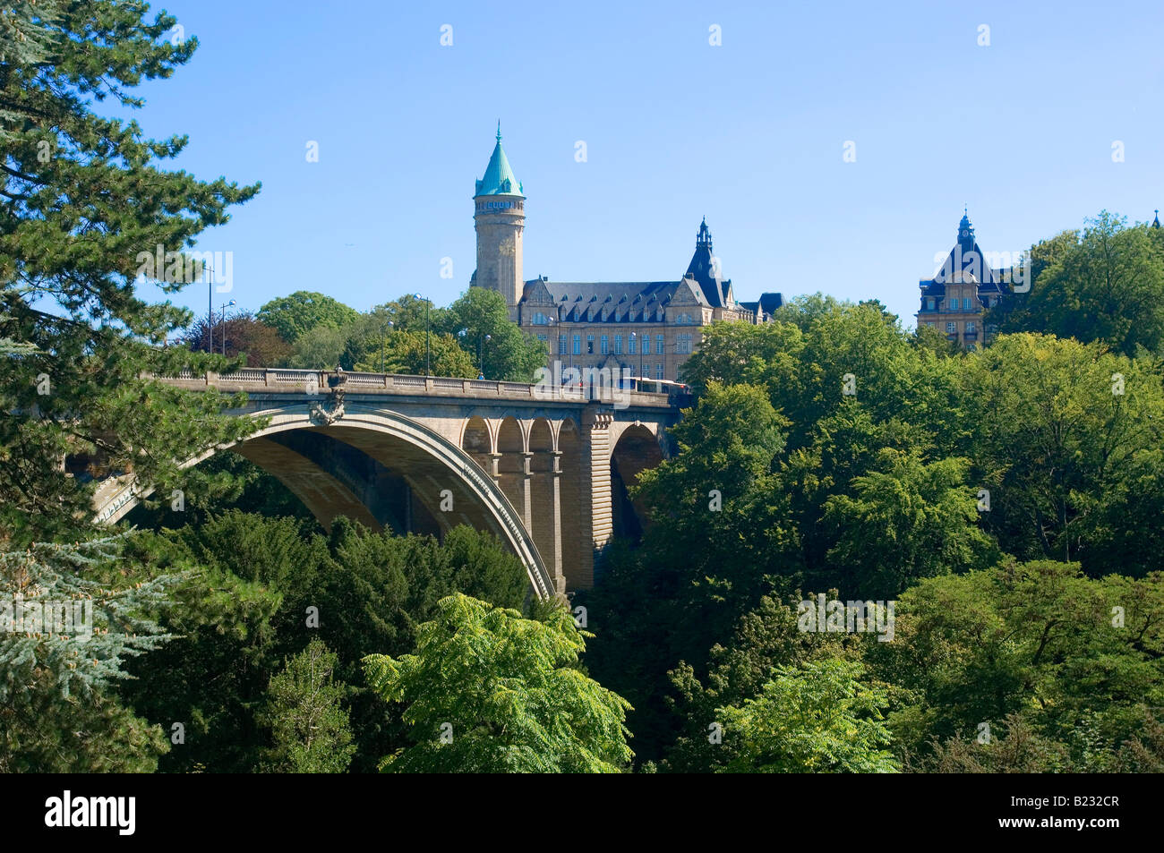 Bridge with bank building in background, Adolphe Bridge, Spuerkees ...