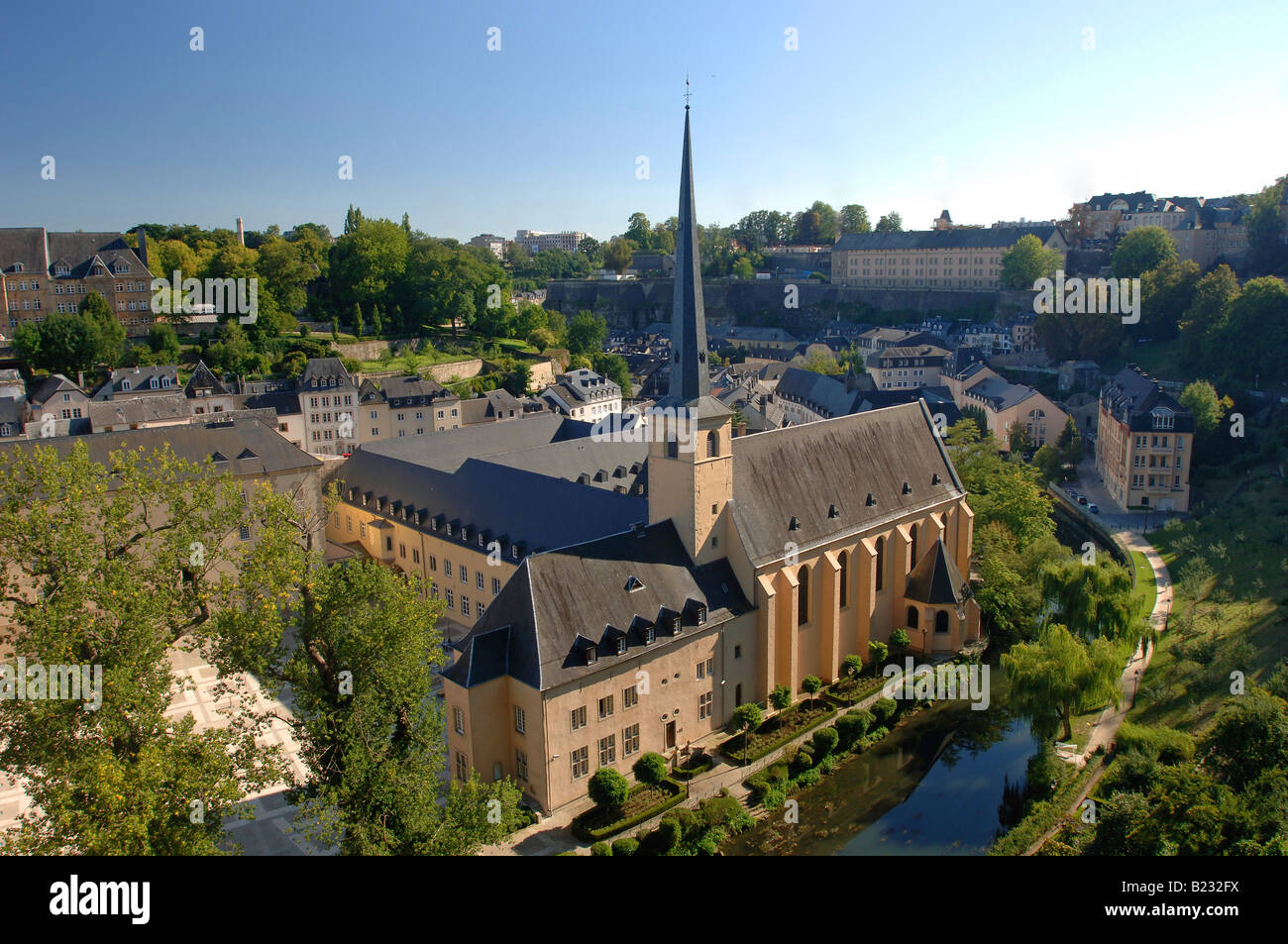 Aerial view of monastery in town River Alzette Luxembourg City ...