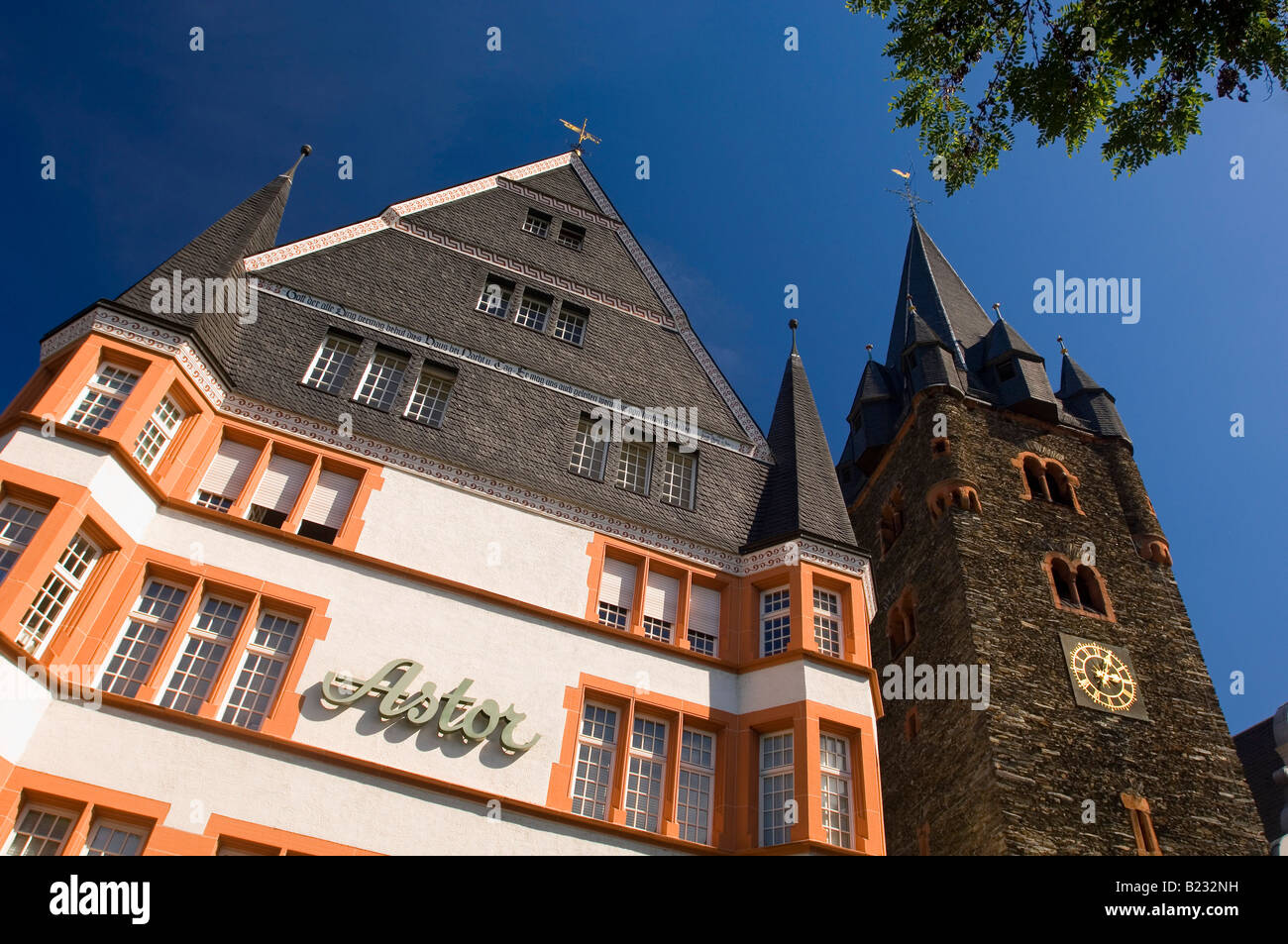 Low angle view of church and store, St Michael Church, Germany Stock ...