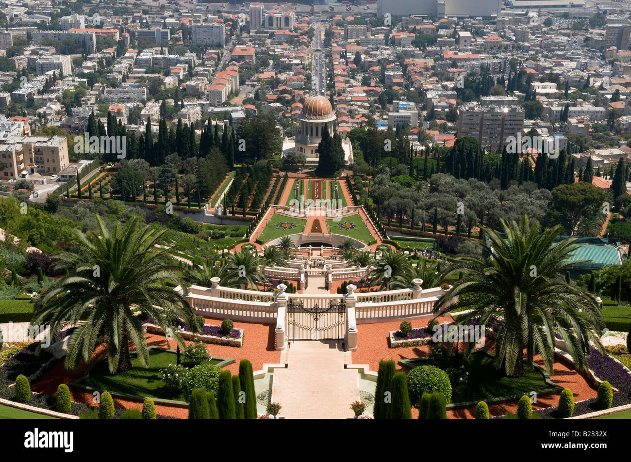 Downward view of the upper terraces of the Shrine of the Bab founder of ...