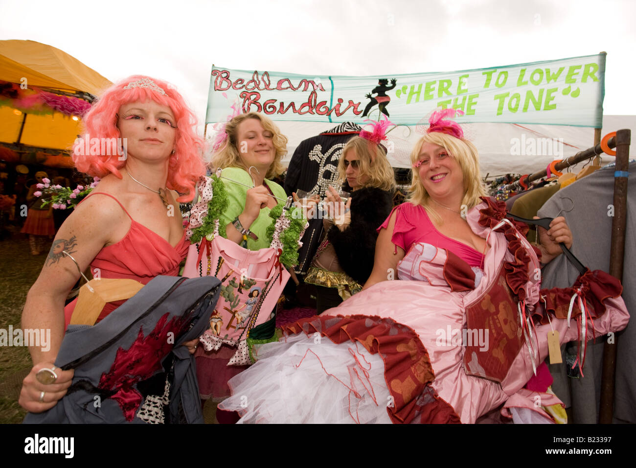 Ladies from the Bedlam Boudoir clothing stall at Glastonbury Festival ...