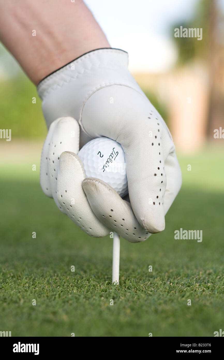 Golfer teeing up golf ball Stock Photo - Alamy