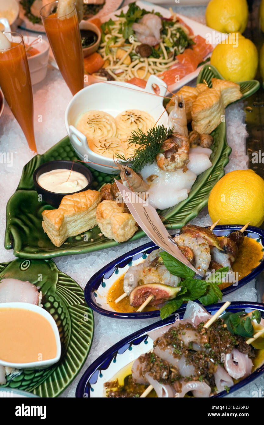 Display of seafood specialities at a fish market in Gothenburg Sweden ...