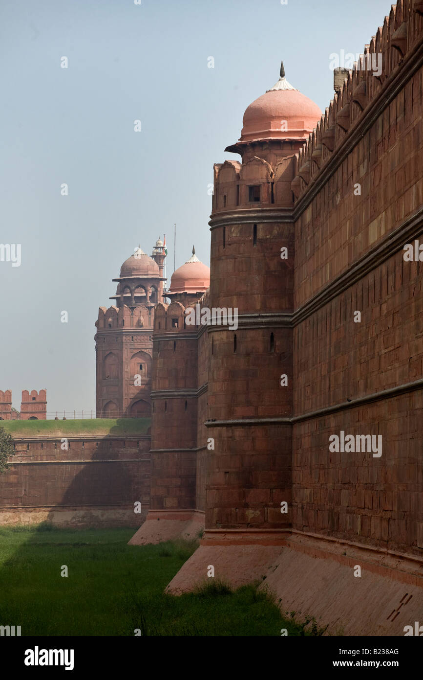 The 18 meter high red sandstone wall of the RED FORT or LAL QUILA which ...