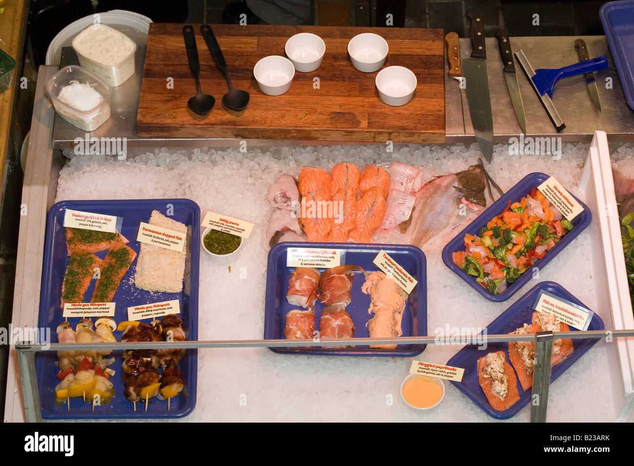 Display of seafood specialities at a fish market in Gothenburg Sweden ...