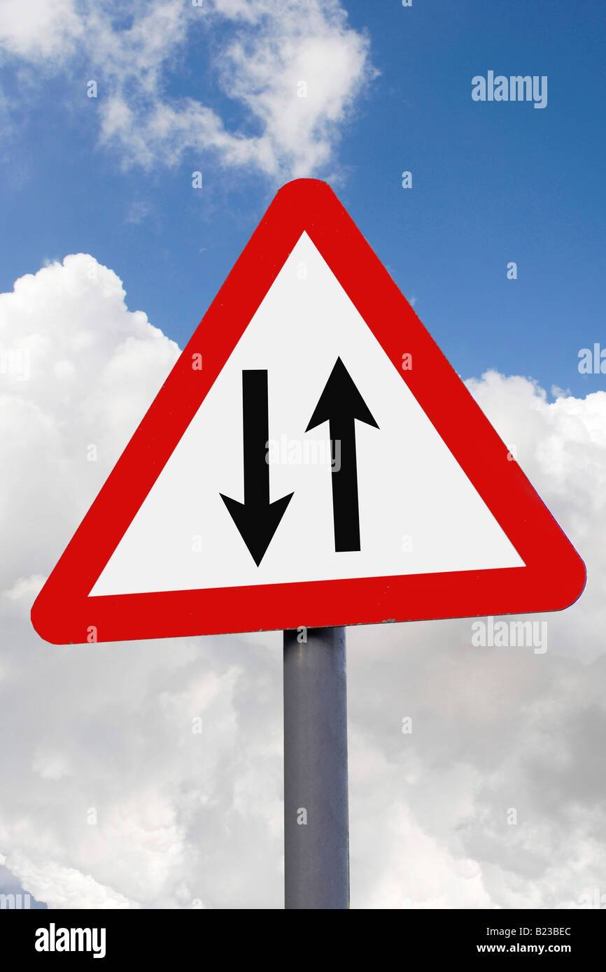 British Triangular road sign warning drivers that the road ahead is two ...