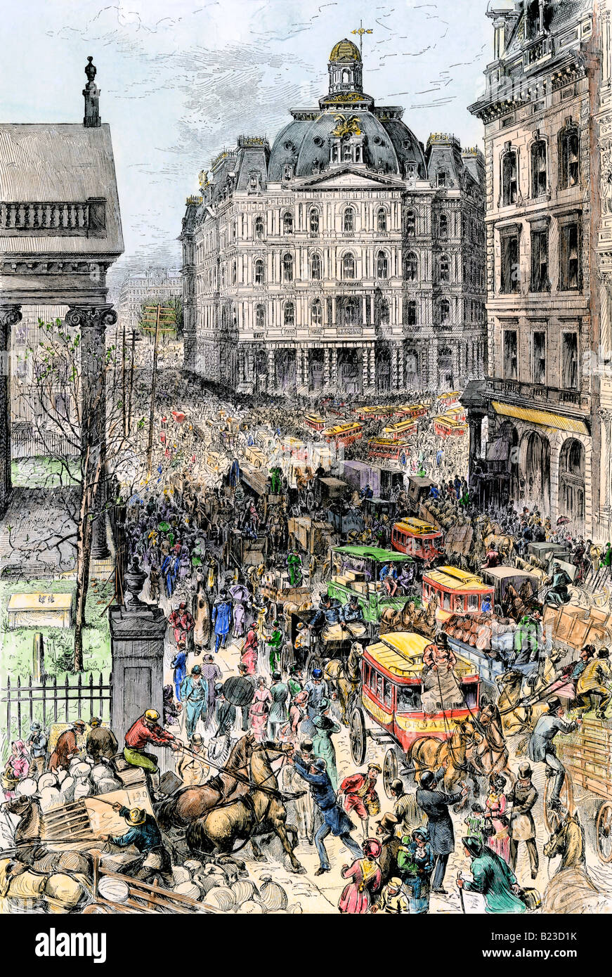 Horse-drawn traffic on Broadway in New York City 1880s. Hand-colored ...