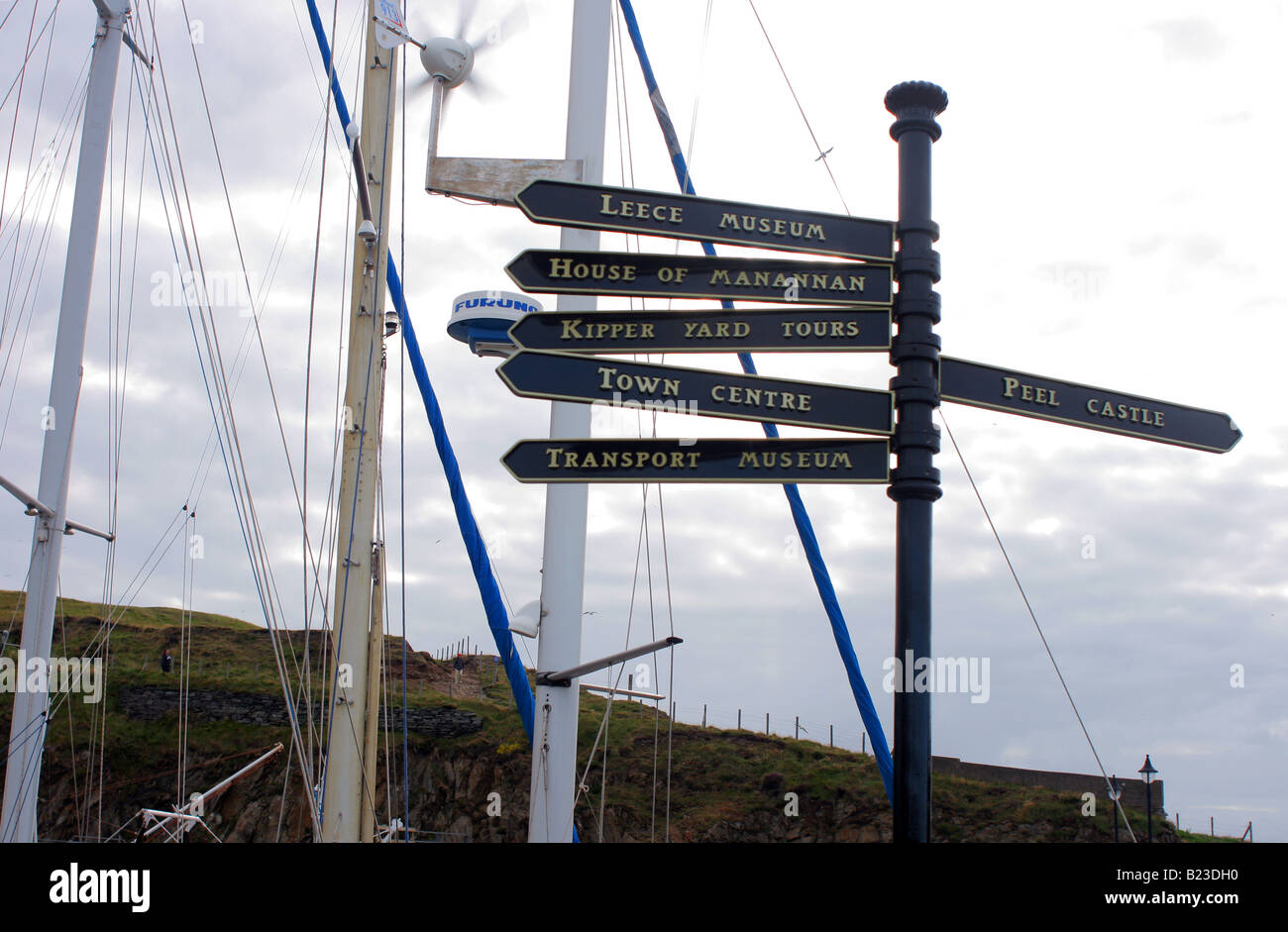Sign with directions in the Peel harbour and marina, Isle of Man Stock ...