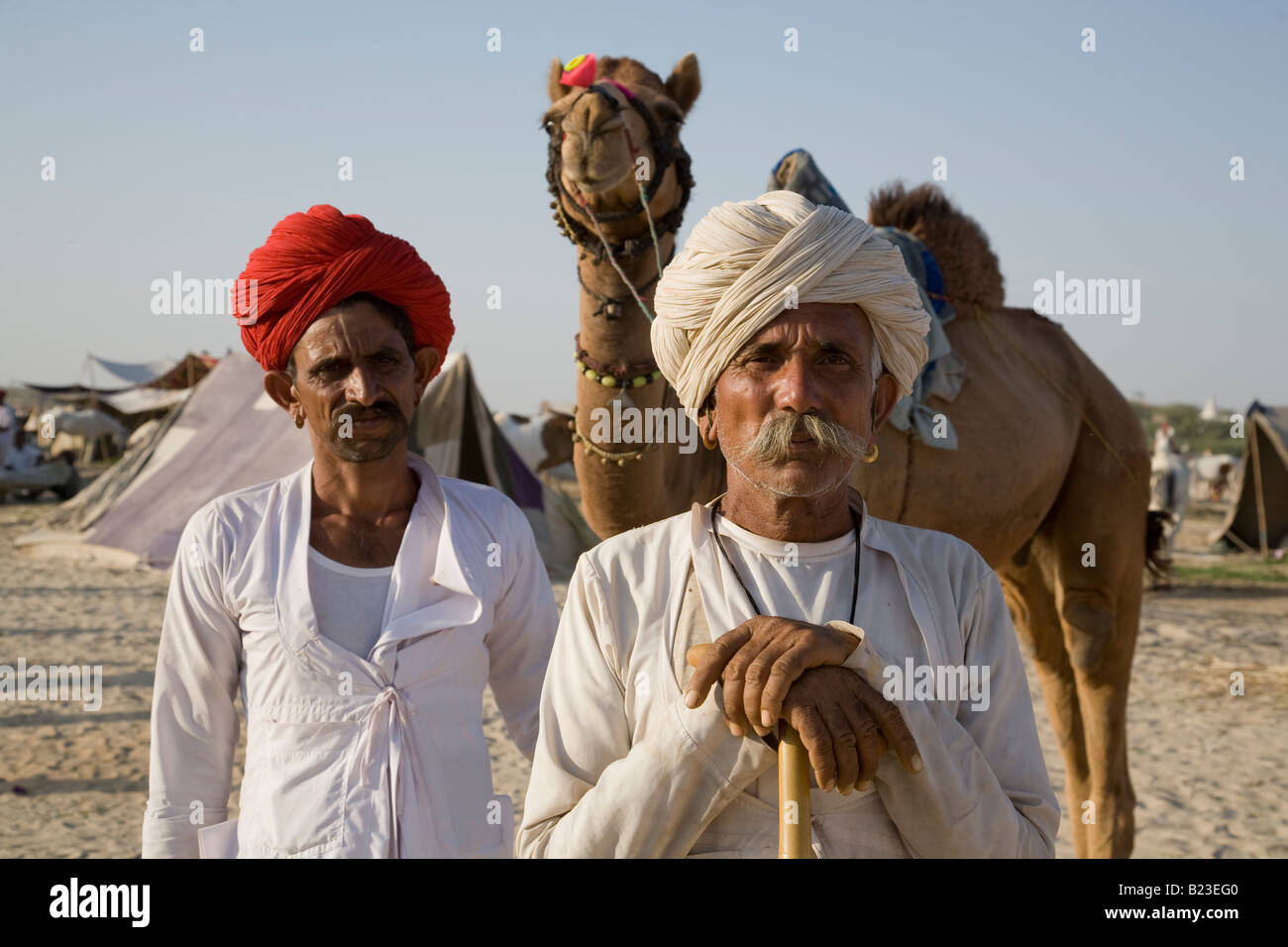 Two male camel herders with a tethered camel at the Tilwara livestock ...