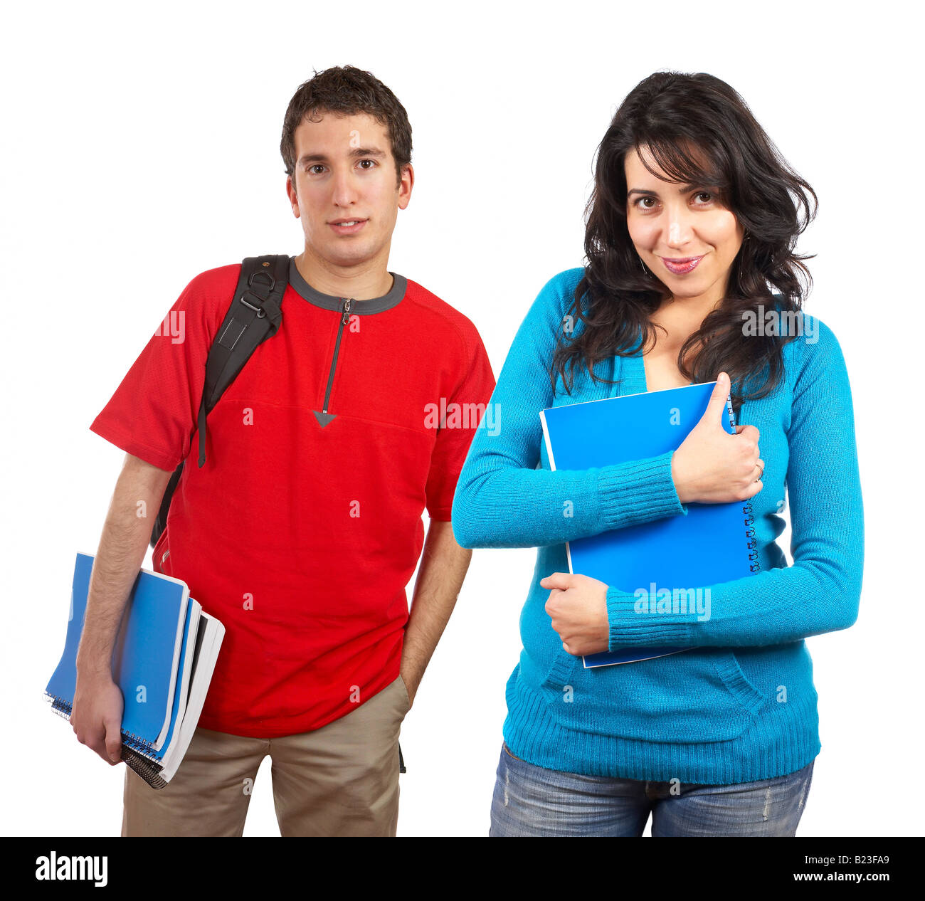 Two students with books and backpacks over a white background Focus at ...