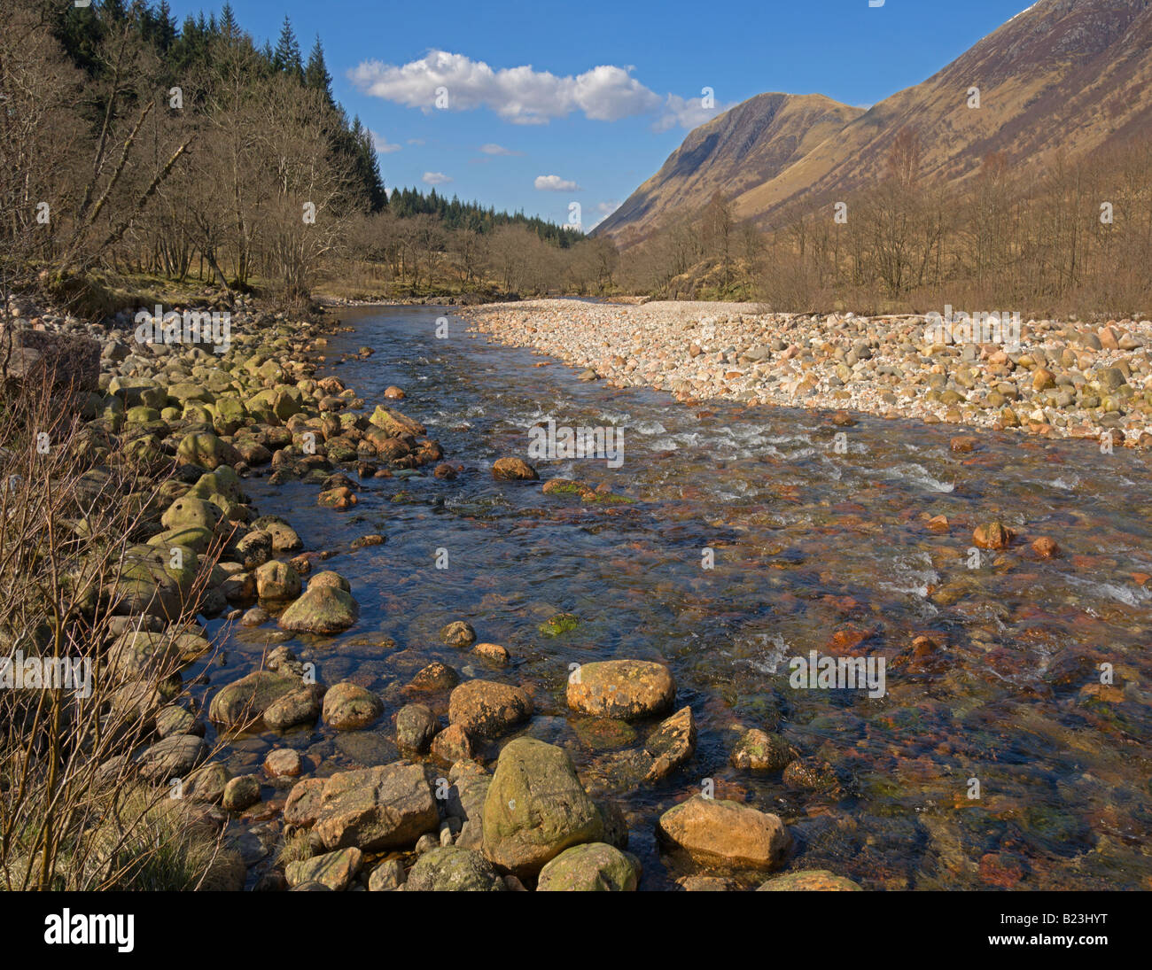 Looking along Glen Nevis River Nevis to Ben Nevis Fort William Highland ...