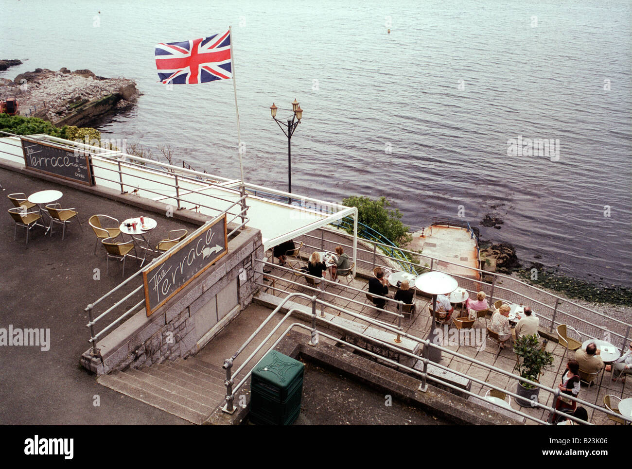 England Plymouth UK seaside cafe with Union jack flag Stock Photo - Alamy