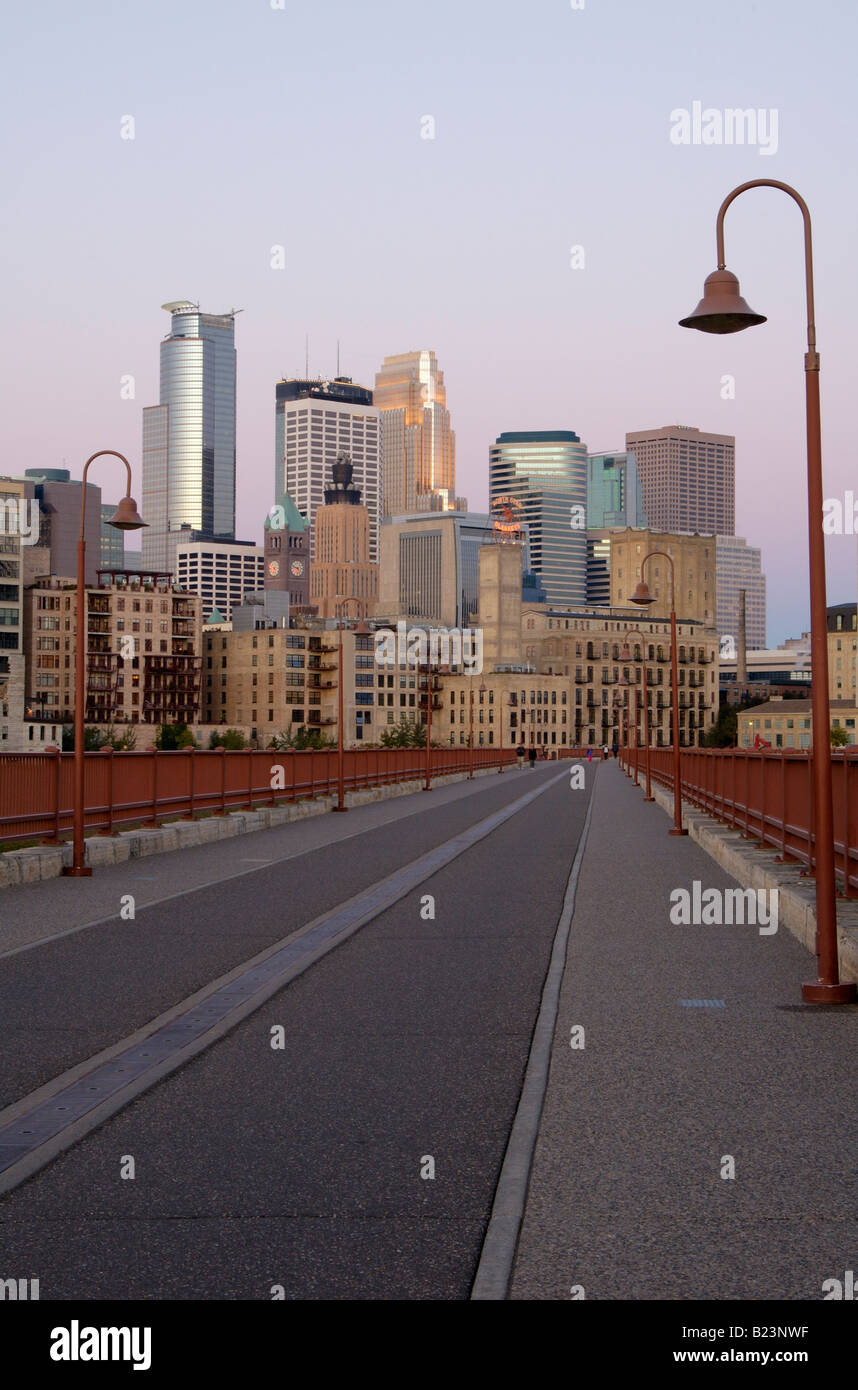 Minneapolis Minnesota skyline at dawn seen from the walkway on the ...