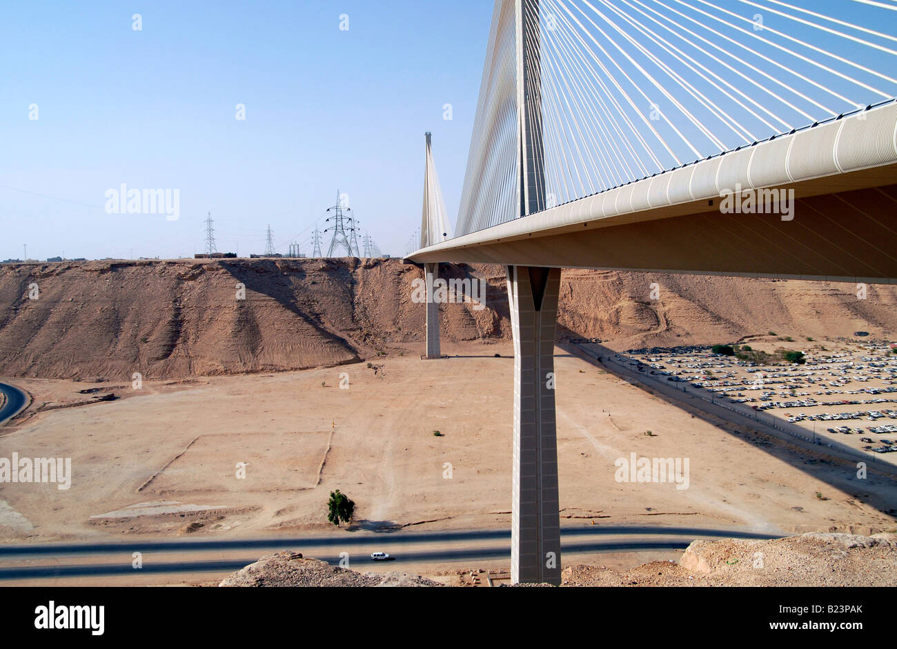 Suspension bridge crossing a dry wadi outside Riyadh, Saudi Arabia ...