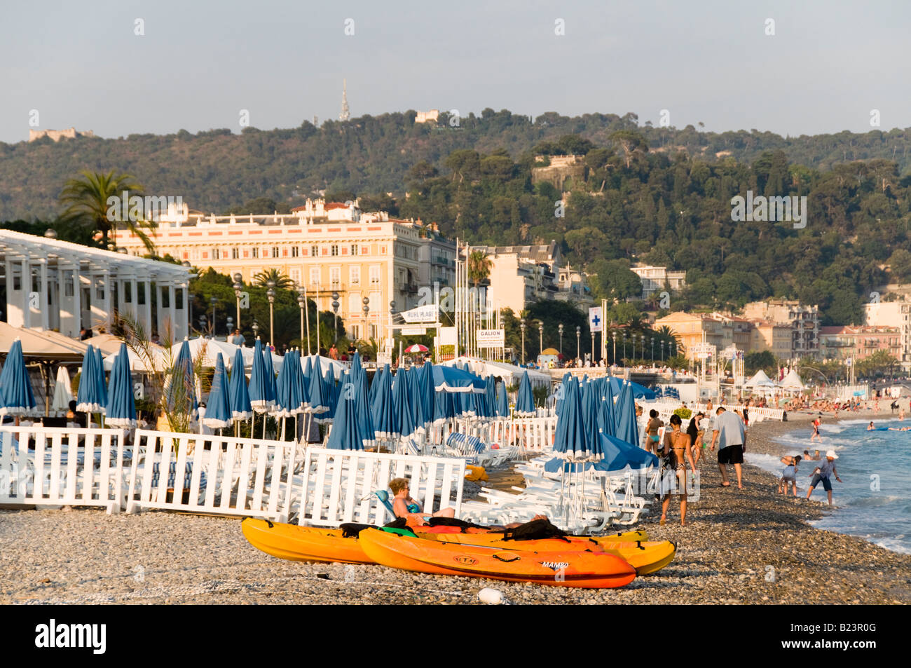 a view of the beach in the evening, Anges Bay, Nice, France Stock Photo ...