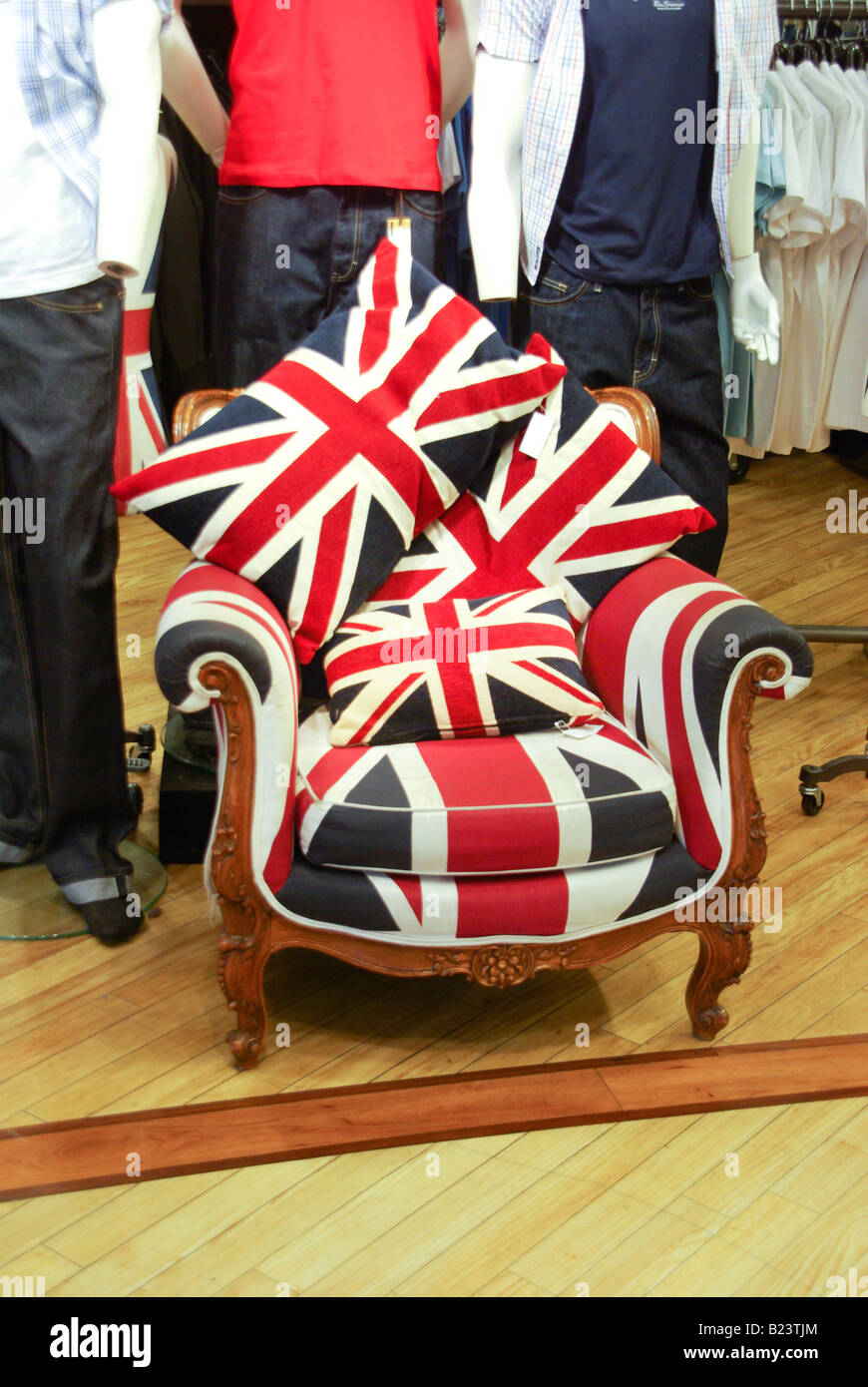 Union flag coverings on armchair and cushions on display and for sale ...