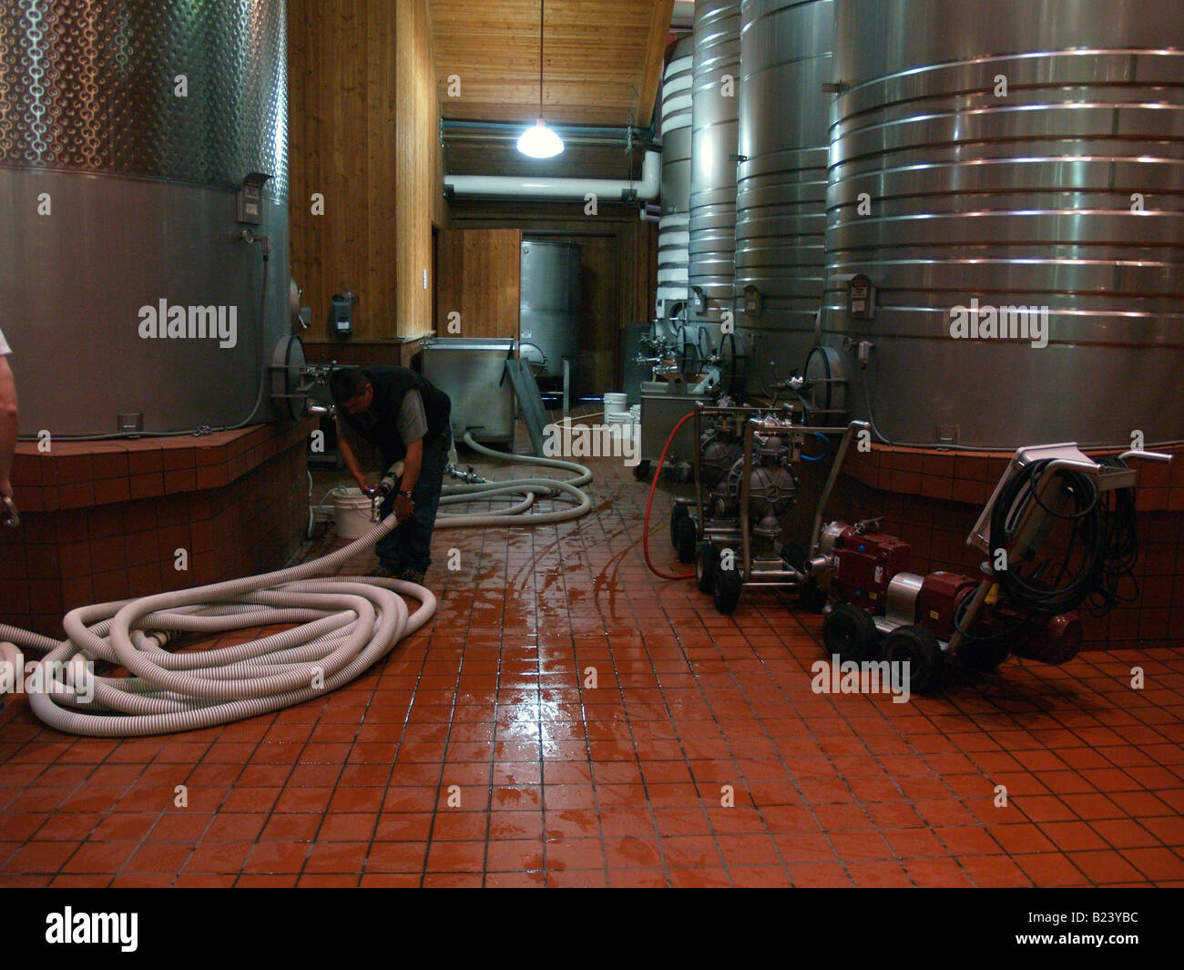 Worker cleaning fermentation room at Cakebread Cellars winery in Napa ...