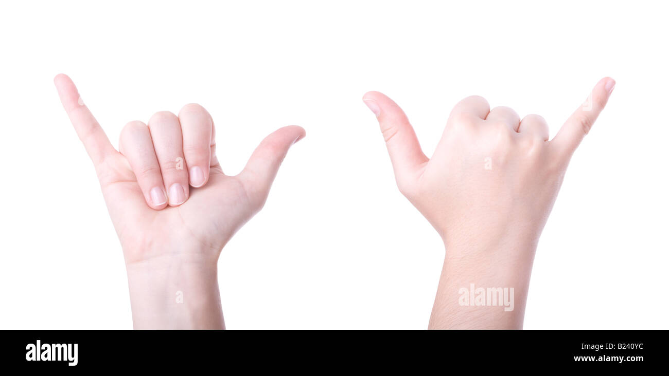 Shaka hand sign isolated on white background Stock Photo - Alamy