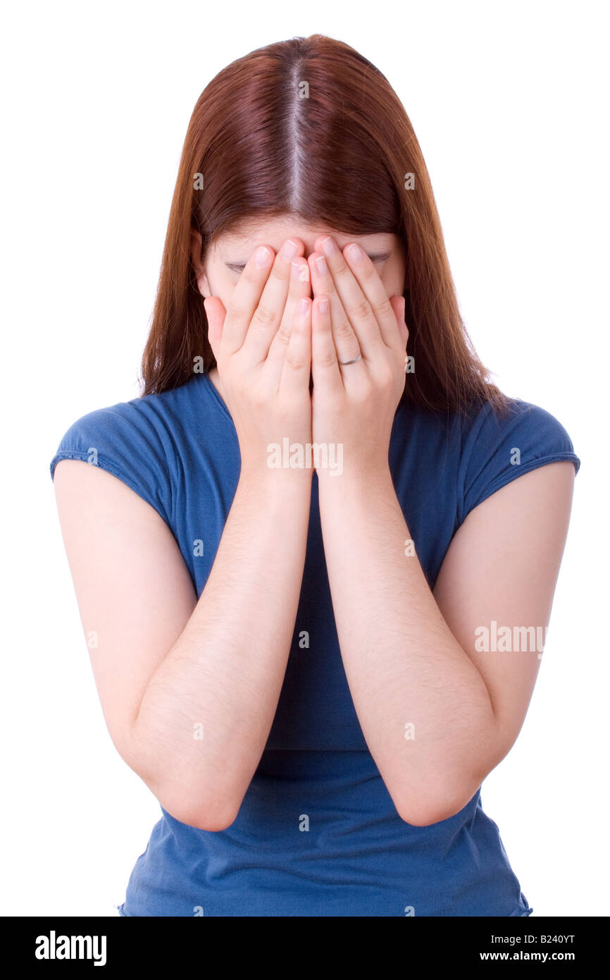 Woman crying isolated on a white background Stock Photo - Alamy