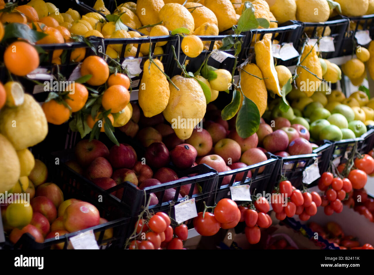 Display of Fruit and vegetables for sale in boxes outside shop in ...