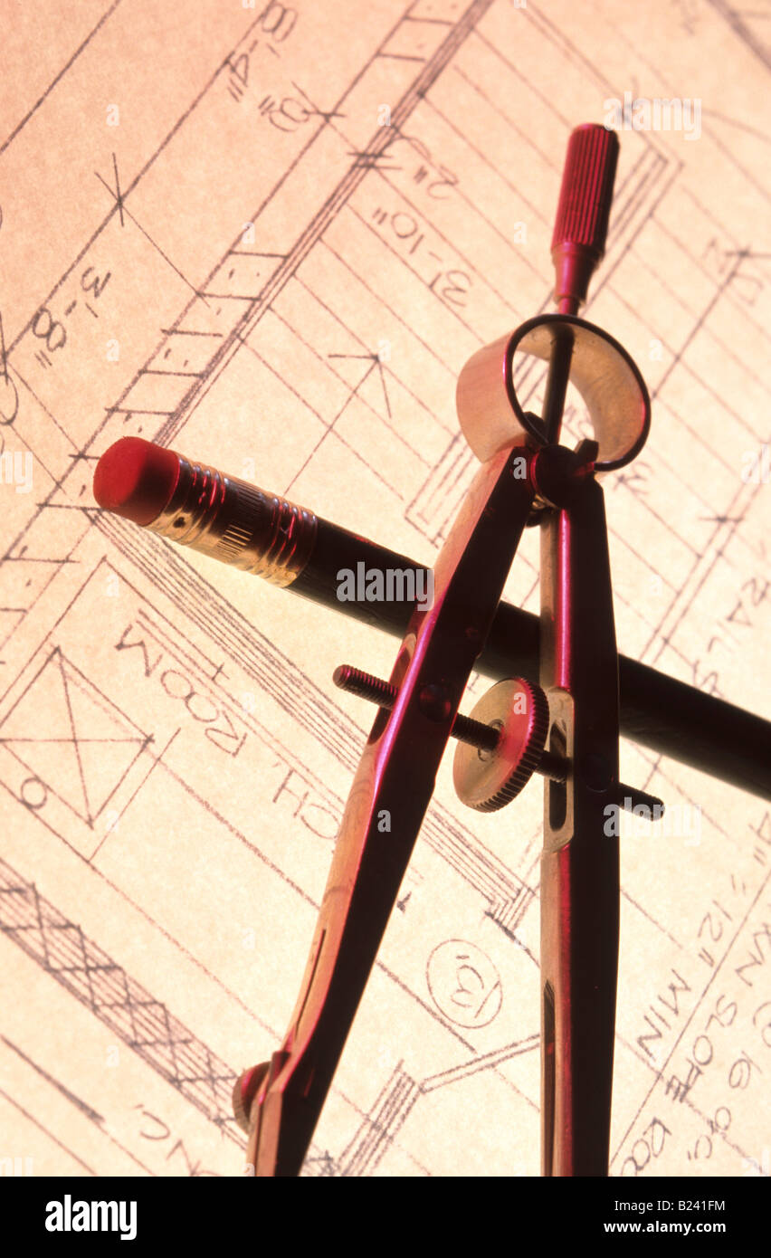 Blueprint pencil compass Still life conceptual Stock Photo - Alamy