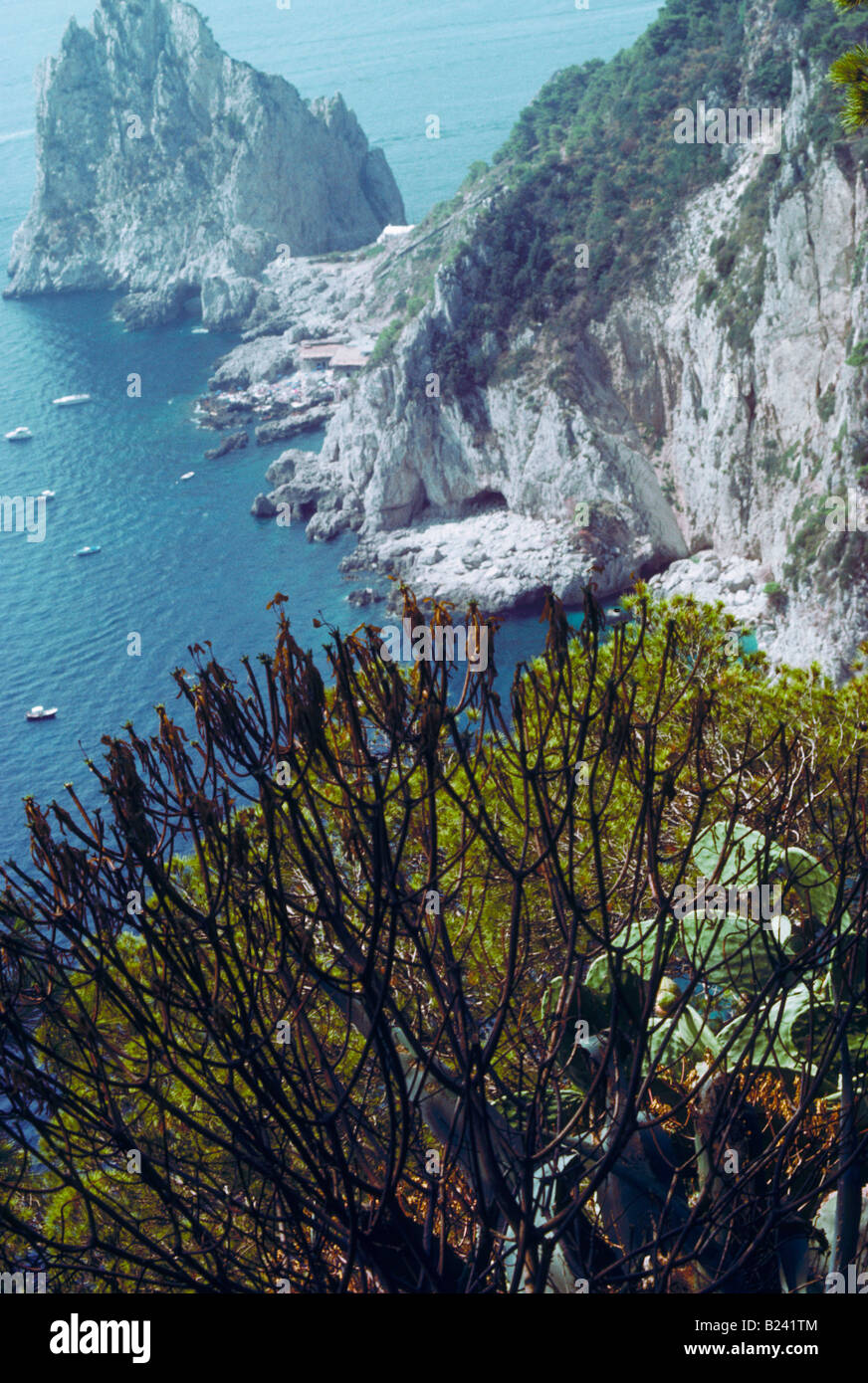 VIEW OF SHORELINE AND BOATS FROM HIGH VANTAGE POINT ISLE OF CAPRI ITALY ...