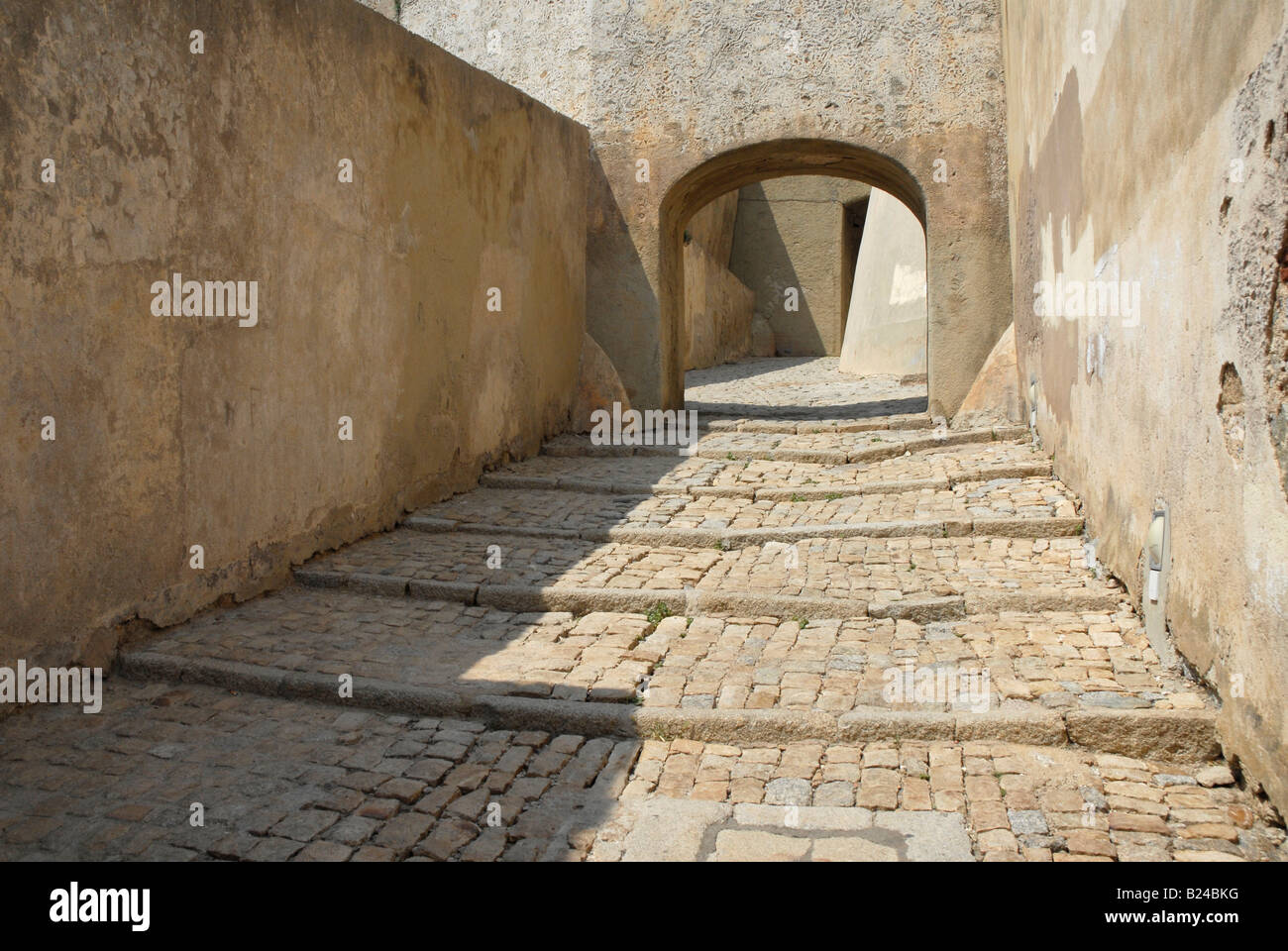 Passageway, steps and archway through Calvi Citadel in northern Corsica ...