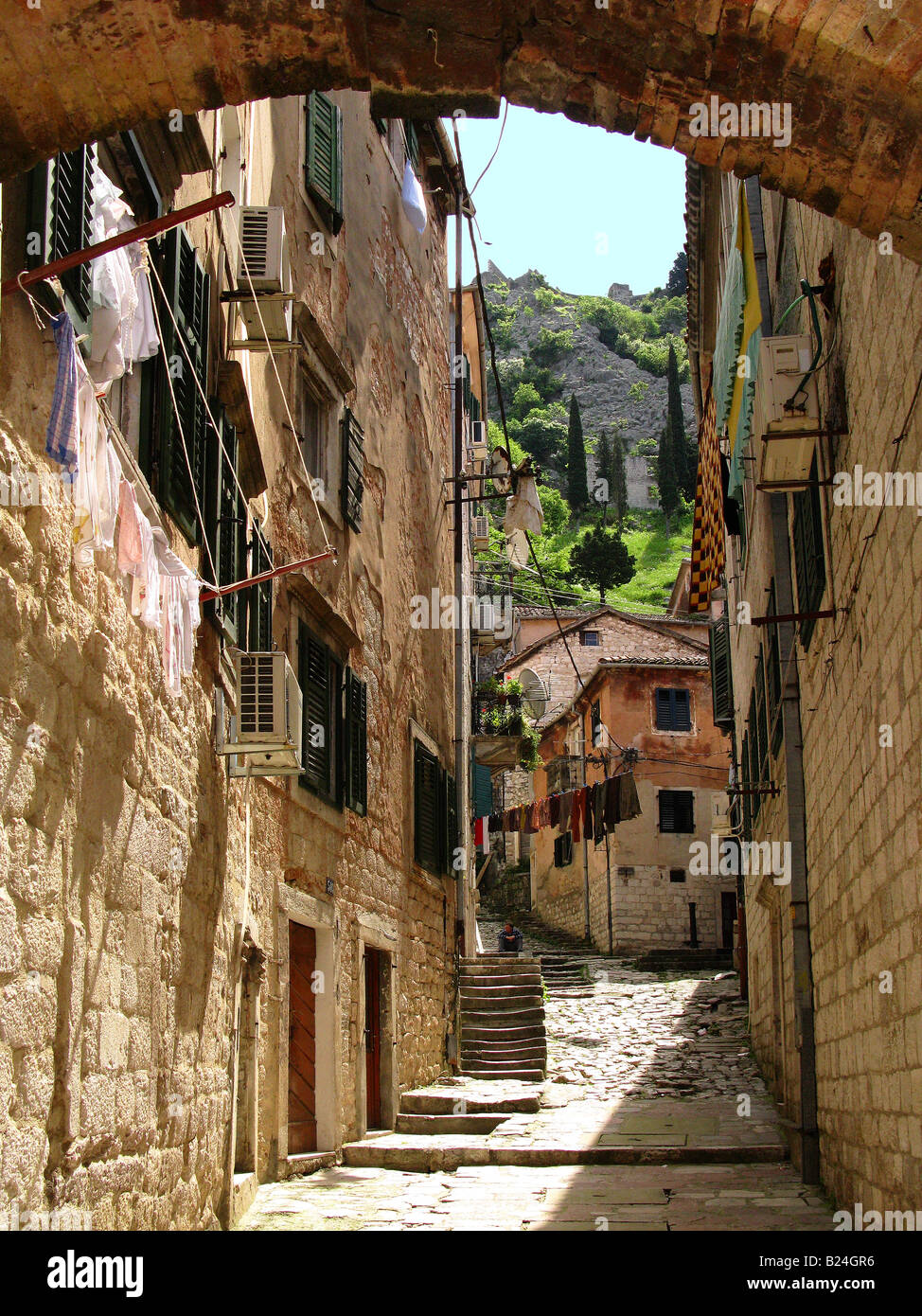 Quaint side streets in the Old Town of Kotor, Montenegro, Balkans Stock ...