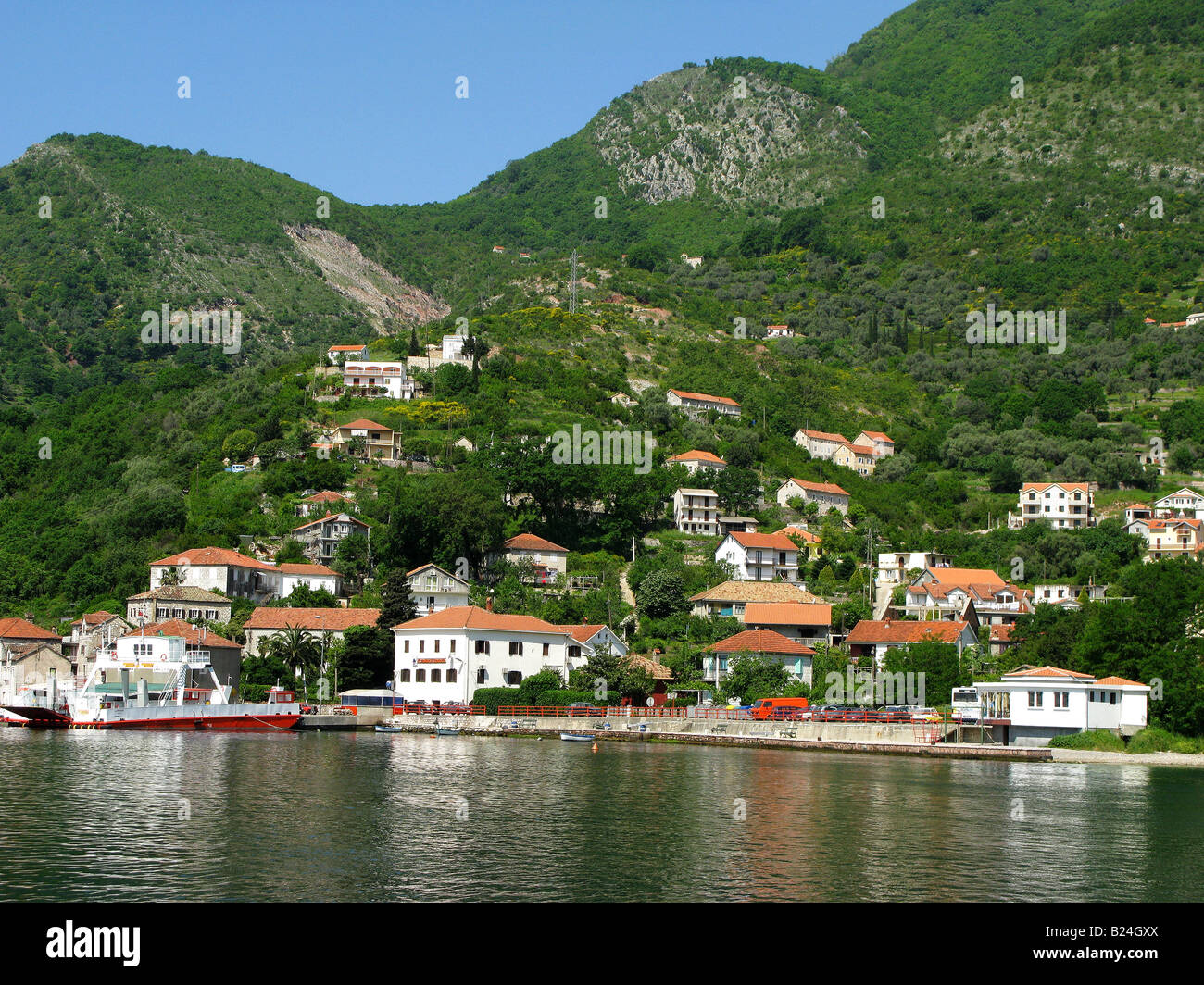 Lake side village in the Bay of Kotorska, Kotor, Montenegro Stock Photo ...