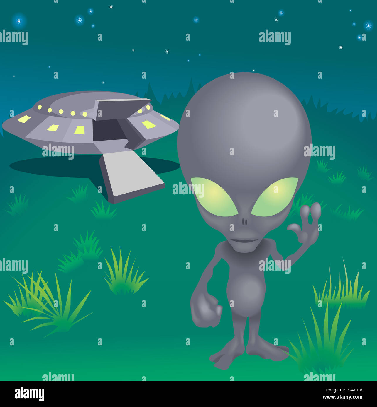 a little alien and his flying saucer Stock Photo - Alamy