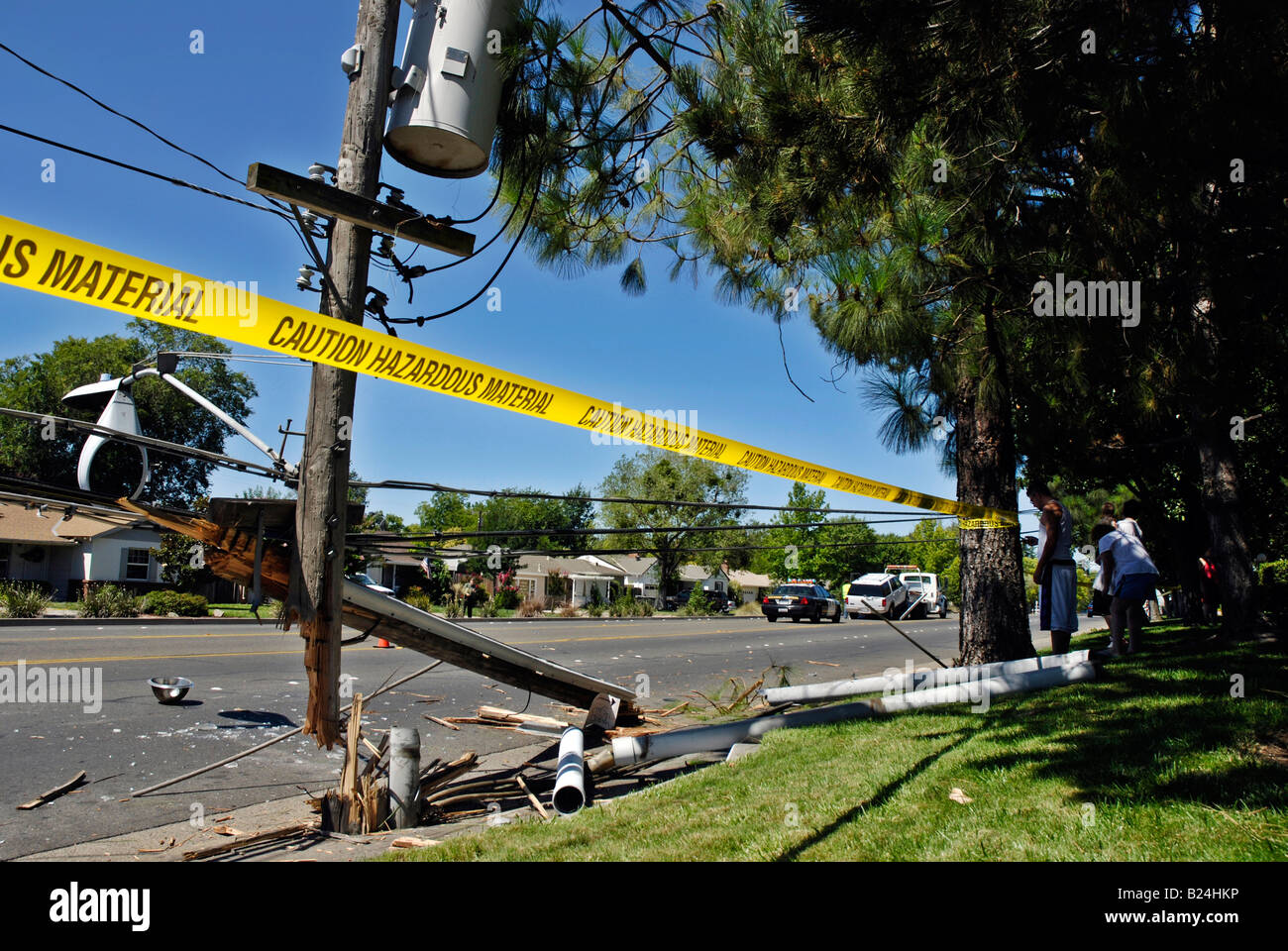 Destroyed power pole after an SUV crashed through it Stock Photo - Alamy