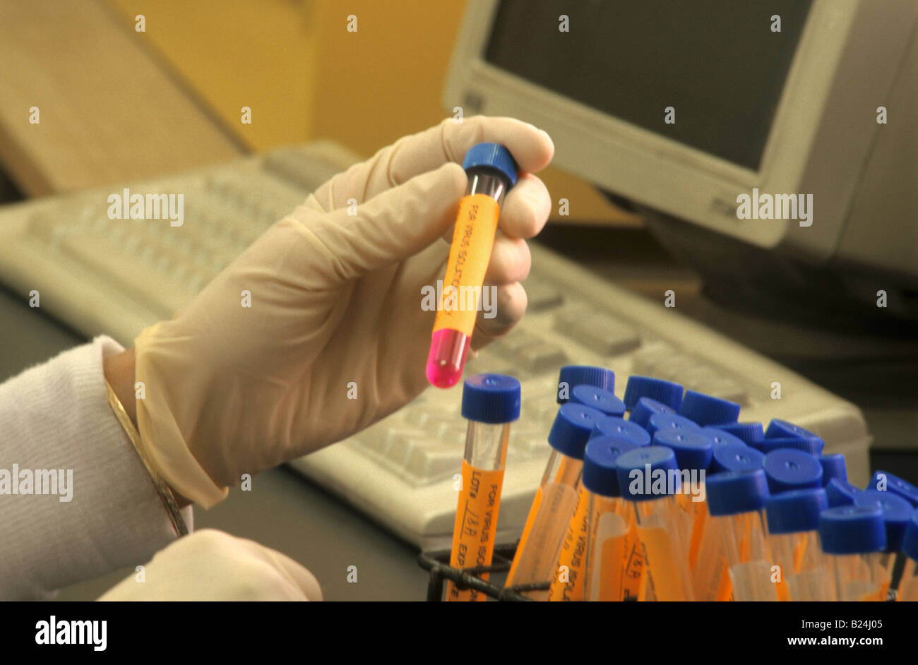 GLOVED HAND HOLDING TEST TUBE VIROLOGY LAB Stock Photo - Alamy