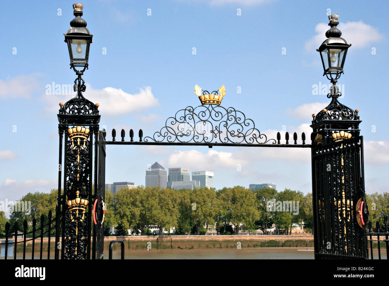 greenwich royal navel college view through ornate gates across thames ...