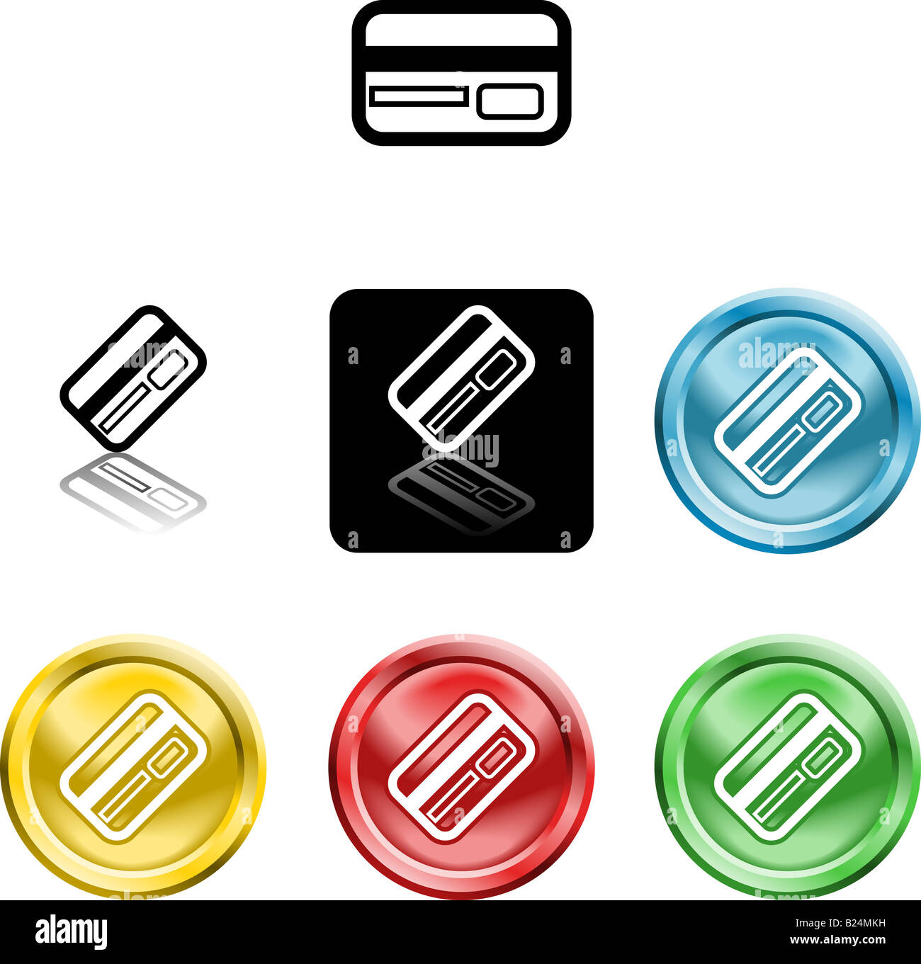 Several versions of an icon symbol of a stylised credit or debit card ...