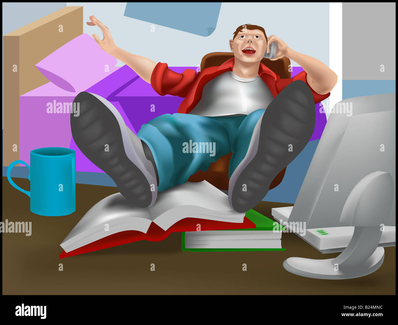 a young man or teenager leaning back in his chair on the phone with ...