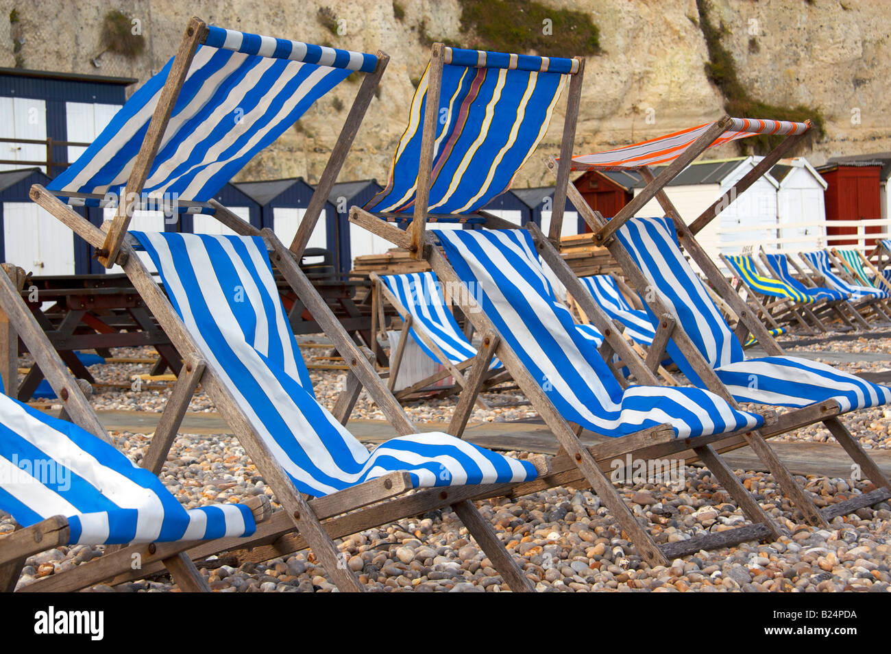 Deckchairs on the beach in Beer, Devon Stock Photo - Alamy
