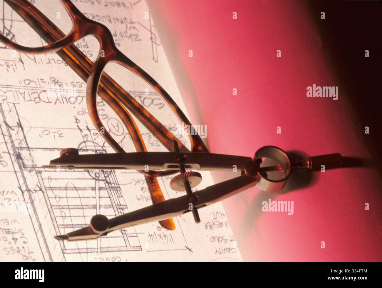 BLUEPRINT AND COMPASS AND GLASSES STILL LIFE Stock Photo - Alamy