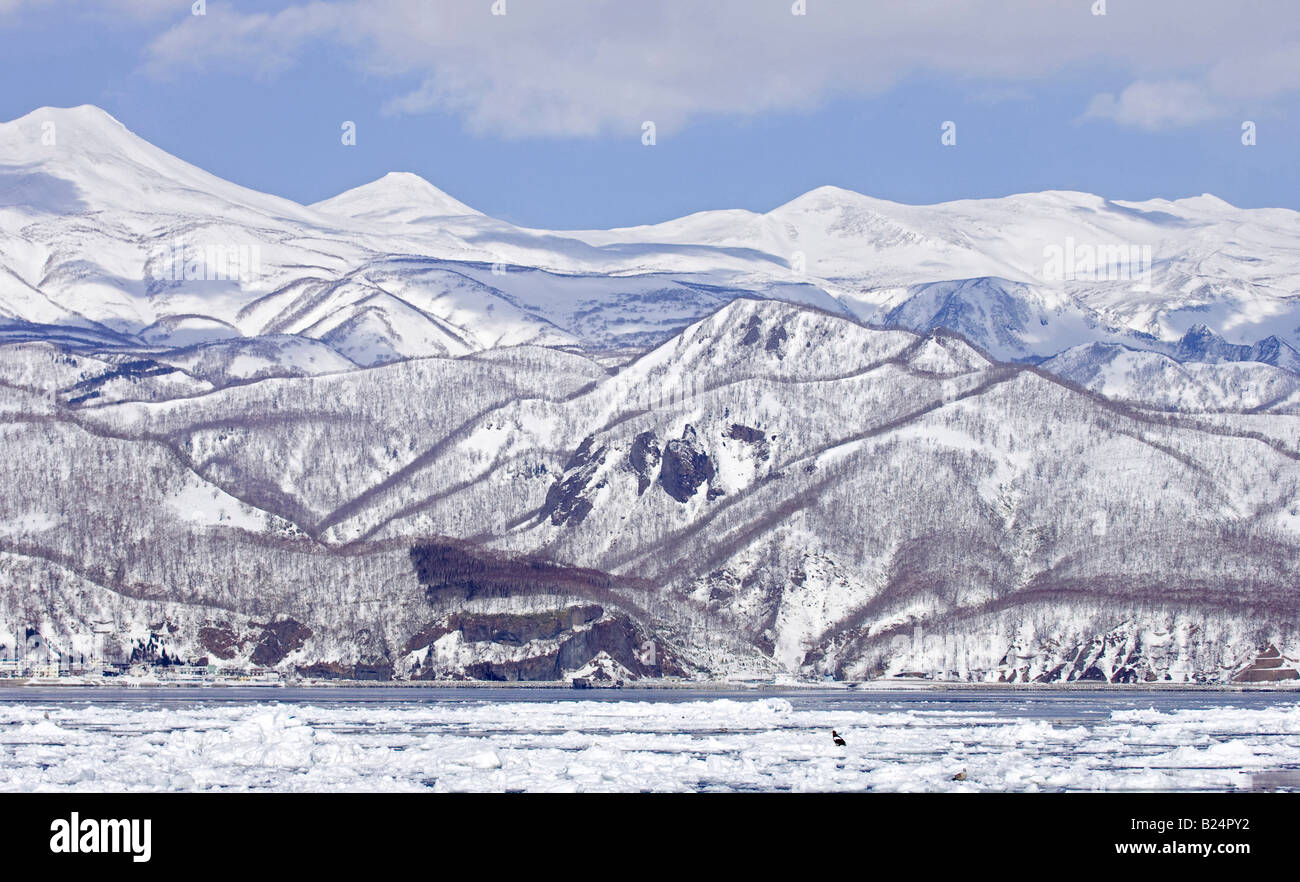 View of heavily wooded Shiretoko Peninsula under snow Japan taken from ...