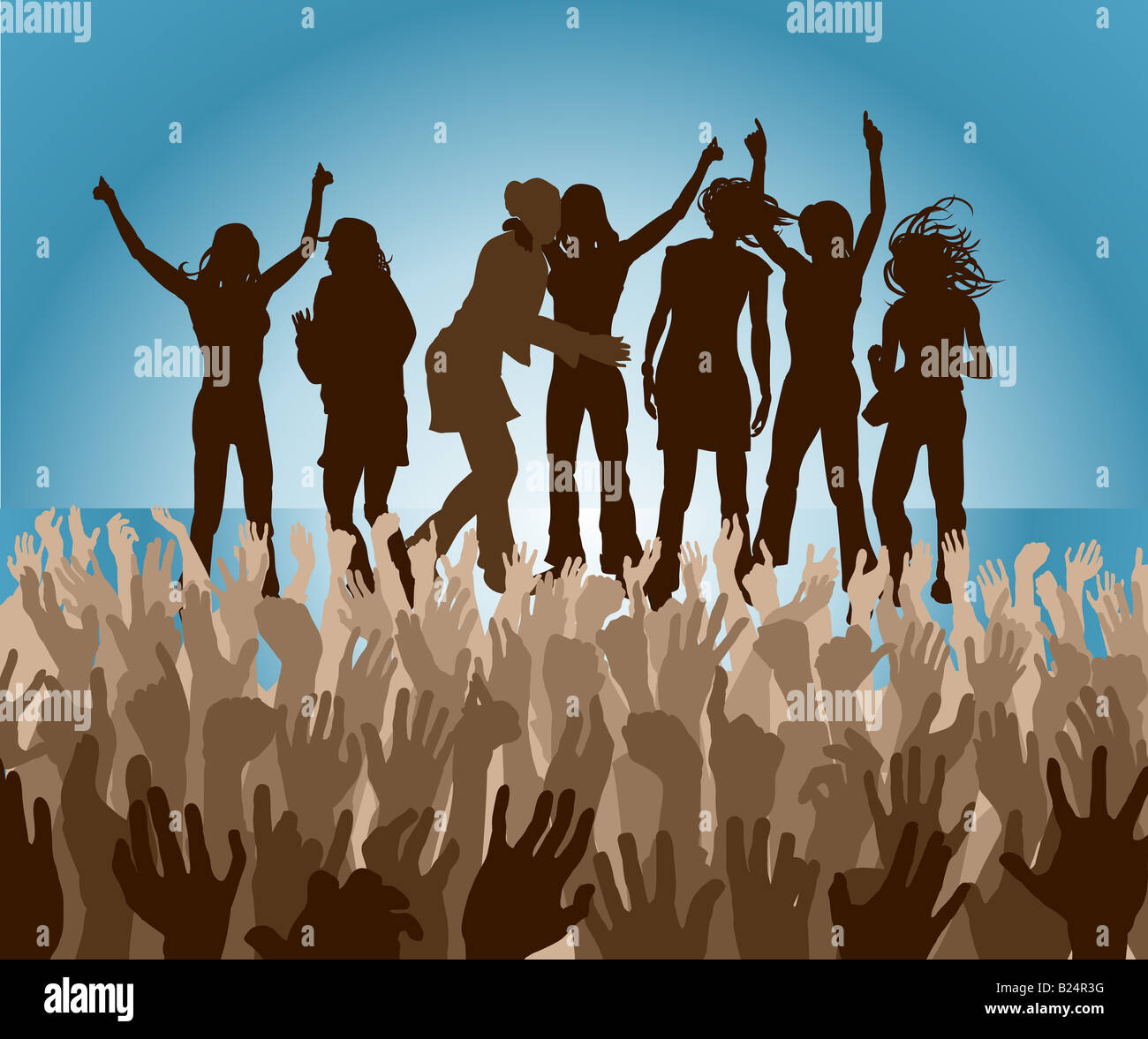 Friends on stage. A group of female friends celebrating on stage in ...