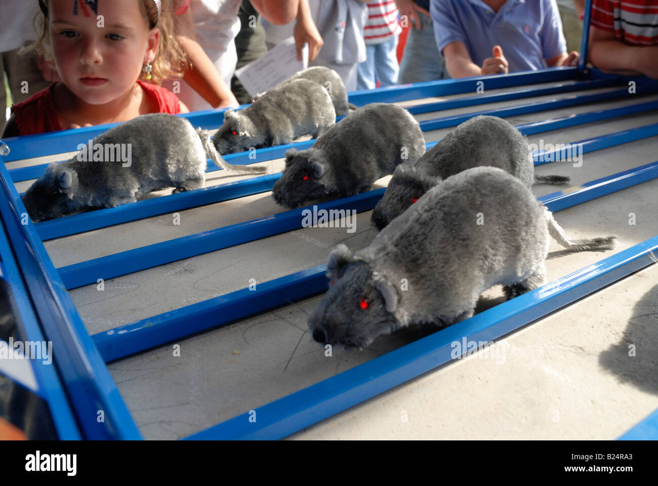 Young girl watching a game of toy rats racing Stock Photo - Alamy