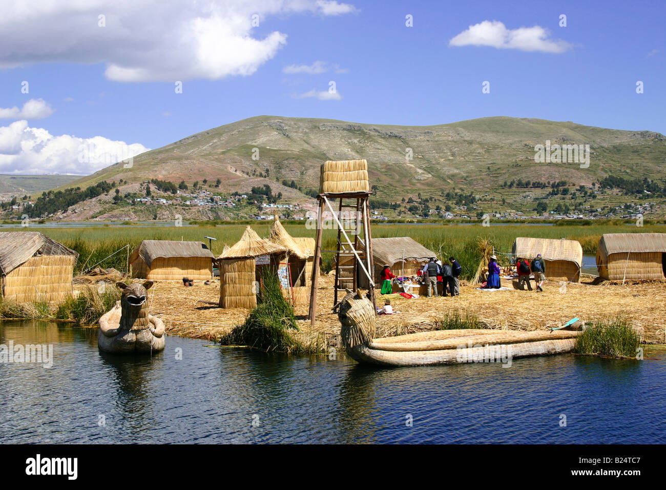 Uros reed floating island on Lake Titicaca Puno Peru Stock Photo - Alamy