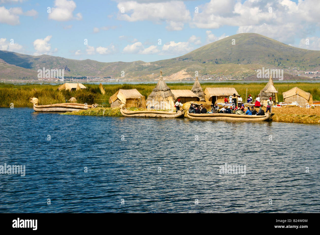 Uros reed floating island on Lake Titicaca Puno Peru Stock Photo - Alamy