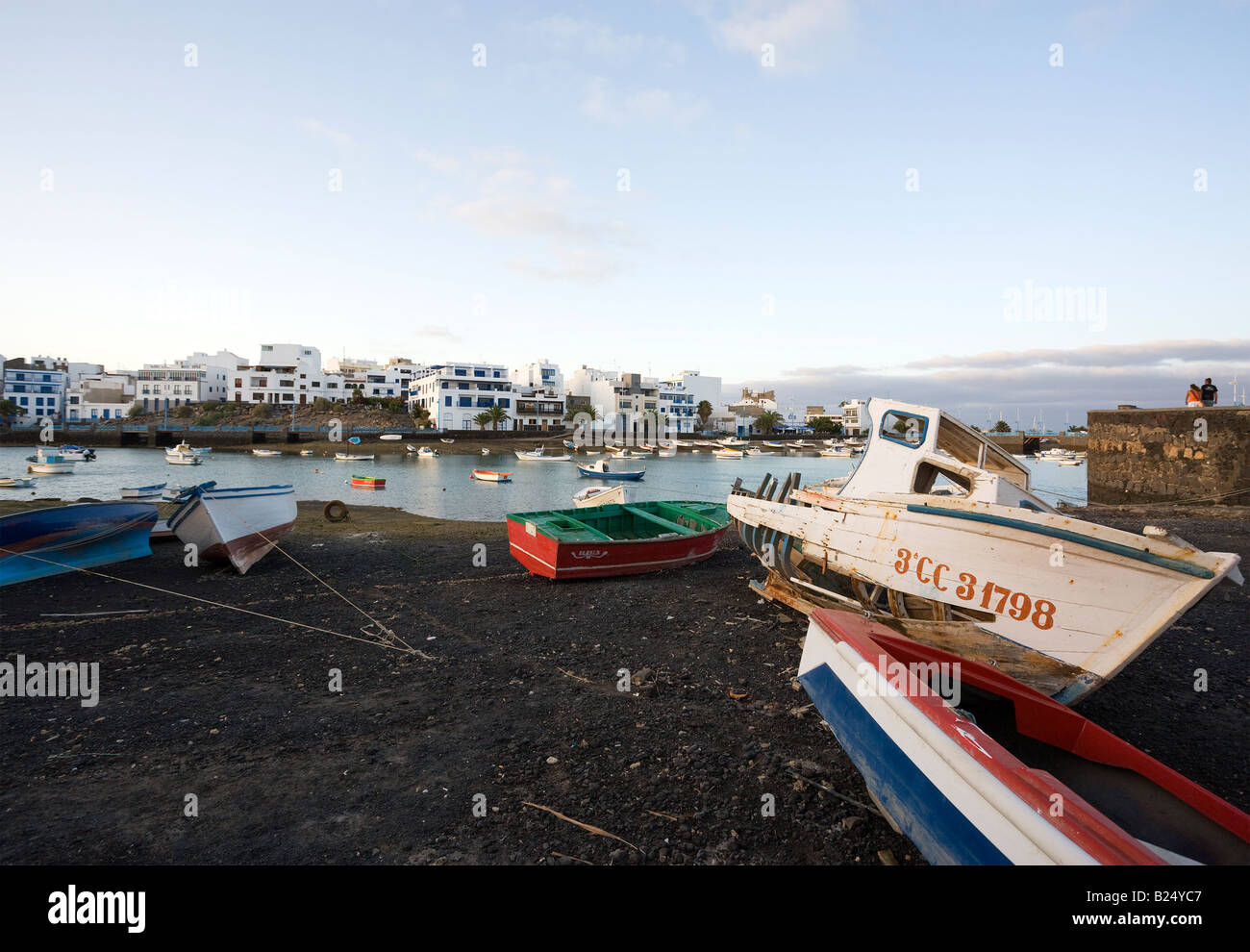 Charco de San Gines, Arrecife, Lanzarote, with anchored fisher boats on ...
